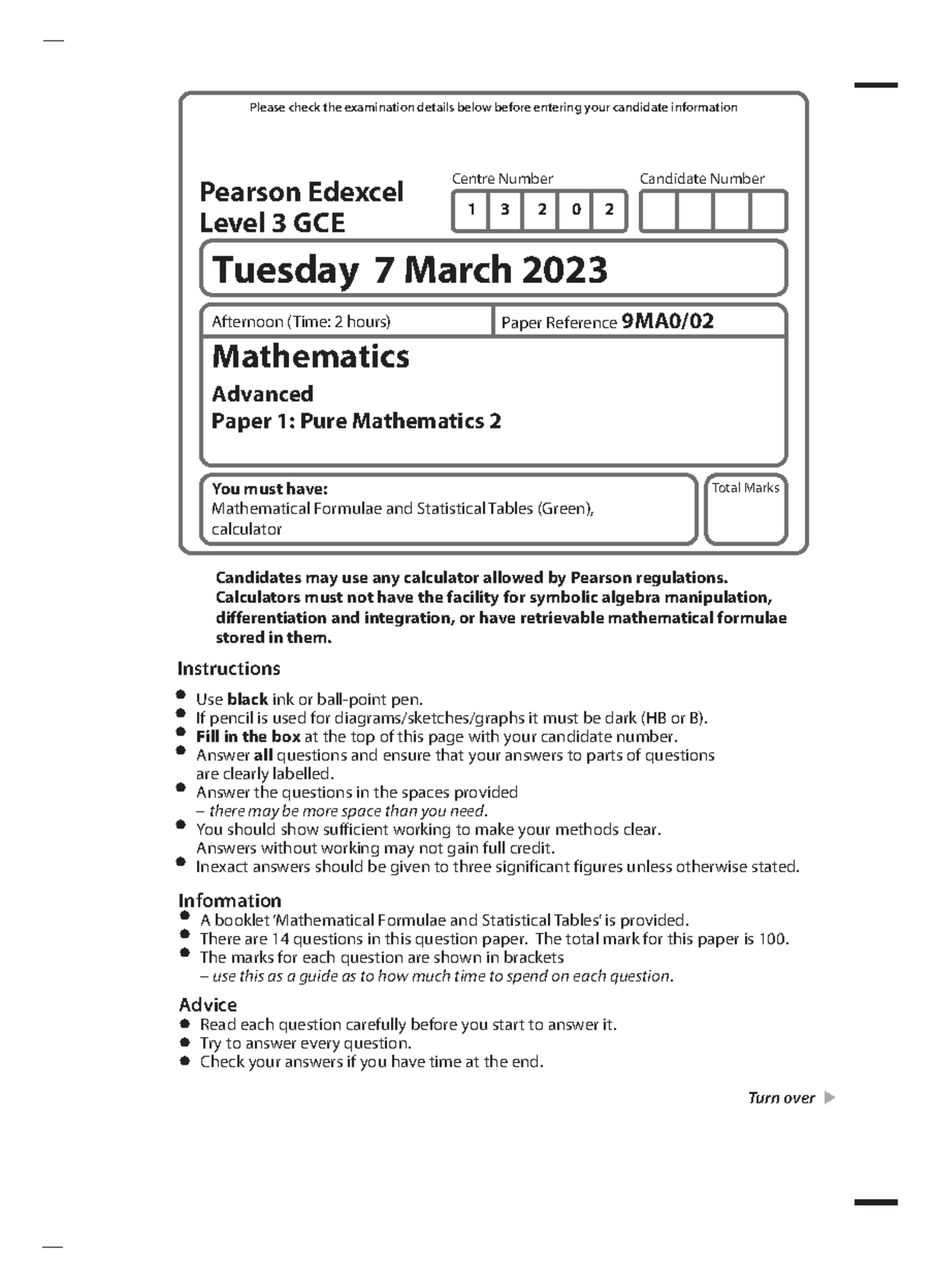 A2 Mathematics Advanced Paper 1: Pure Mathematics 2 Mock Exam 2023 ...