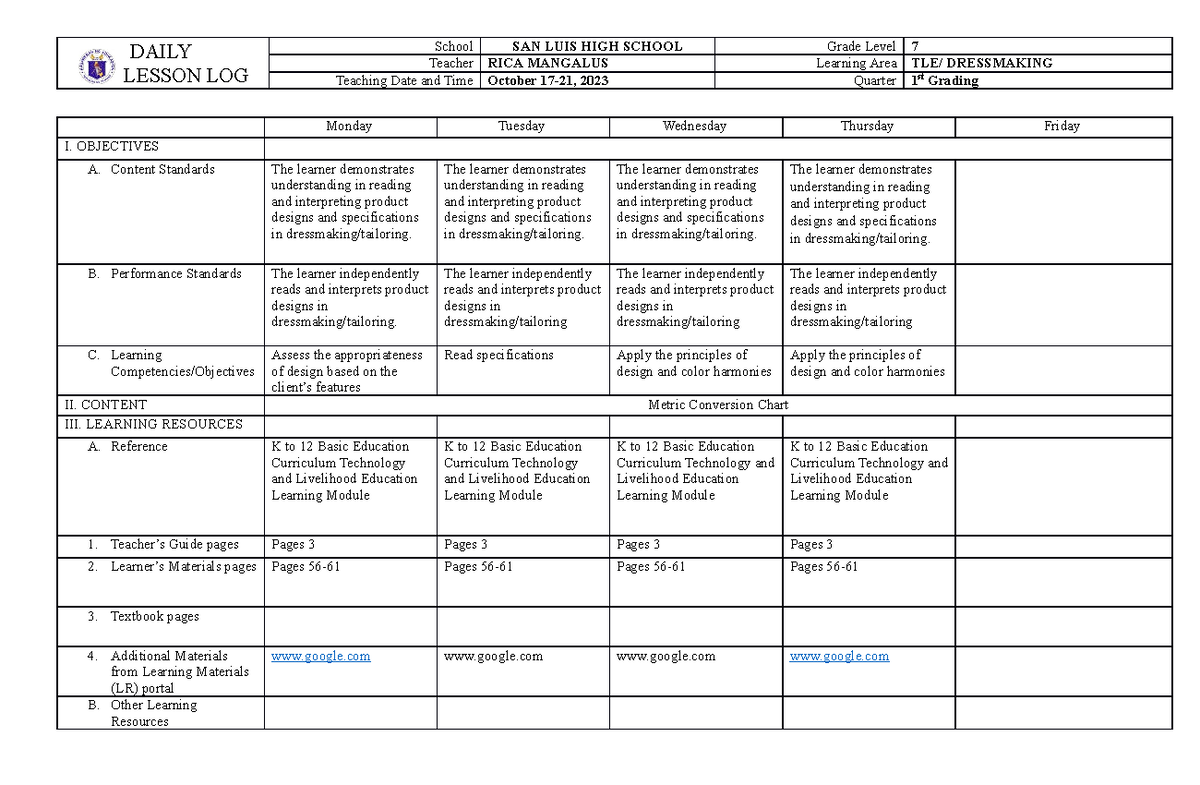 DLL Dressmaking Lesson Plan for Week 7 (Oct 17-21, 2023) - Studocu