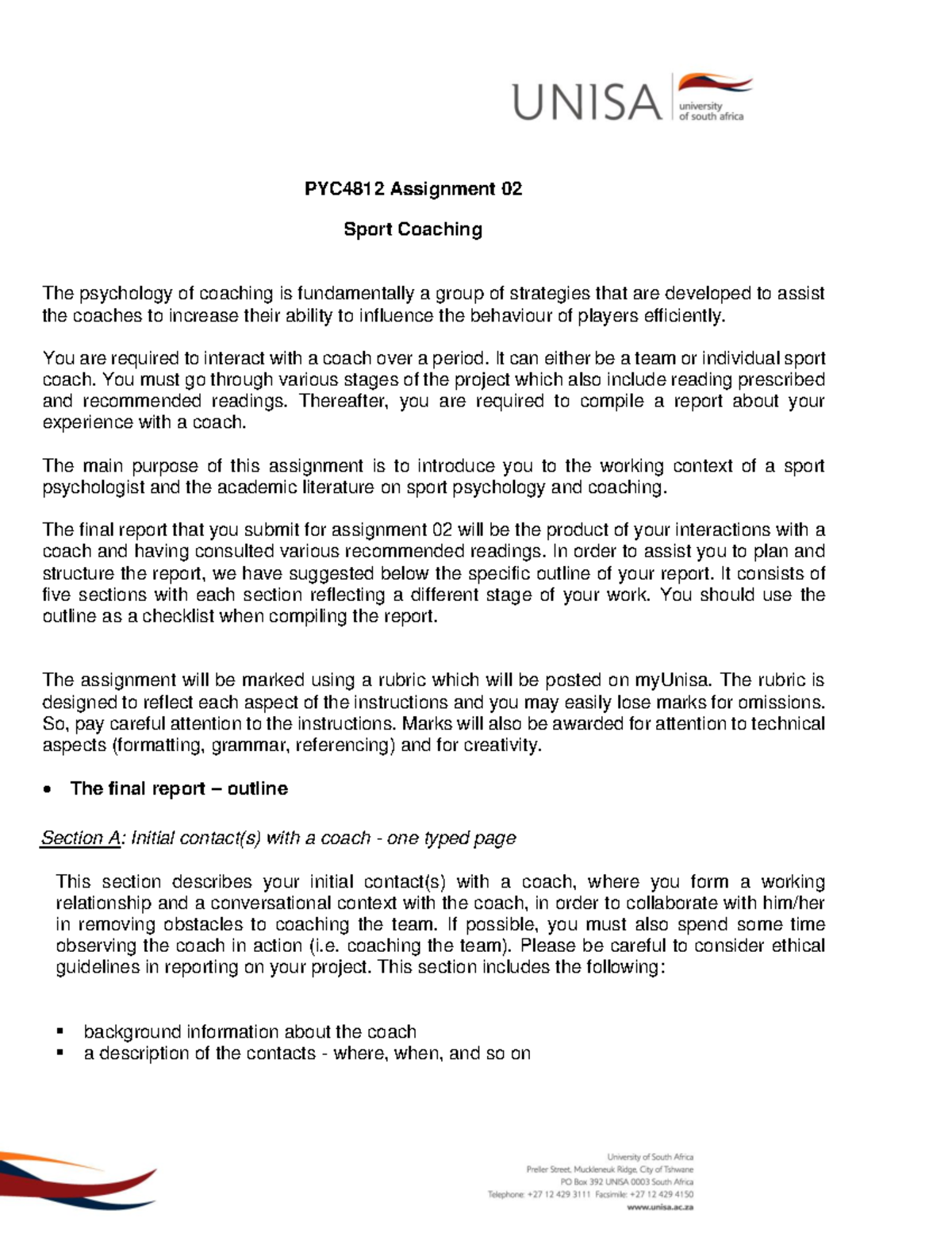 PYC4812 Assignment 02: Exploring Sport Coaching Psychology Strategies ...