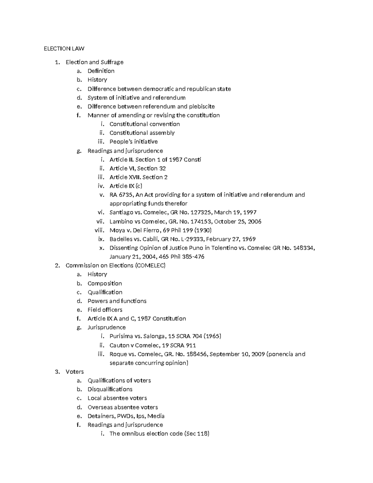 Election Law Syllabus: Key Concepts and Jurisprudence - Studocu