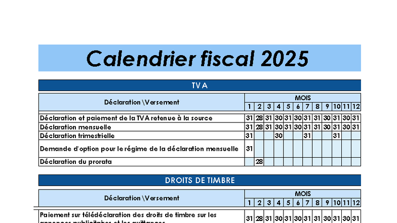 Calendrier Fiscal 2025: Déclarations et Paiements TVA, IR, et Autres ...