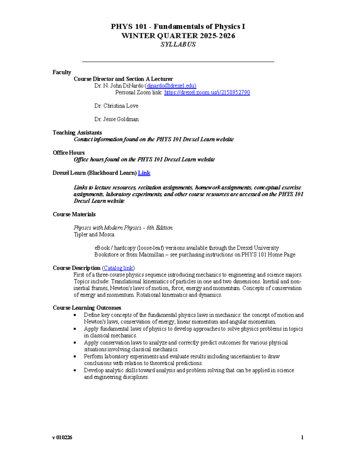 PHYS 101 Fundamentals of Physics I Winter Quarter Syllabus 2025 - Studocu