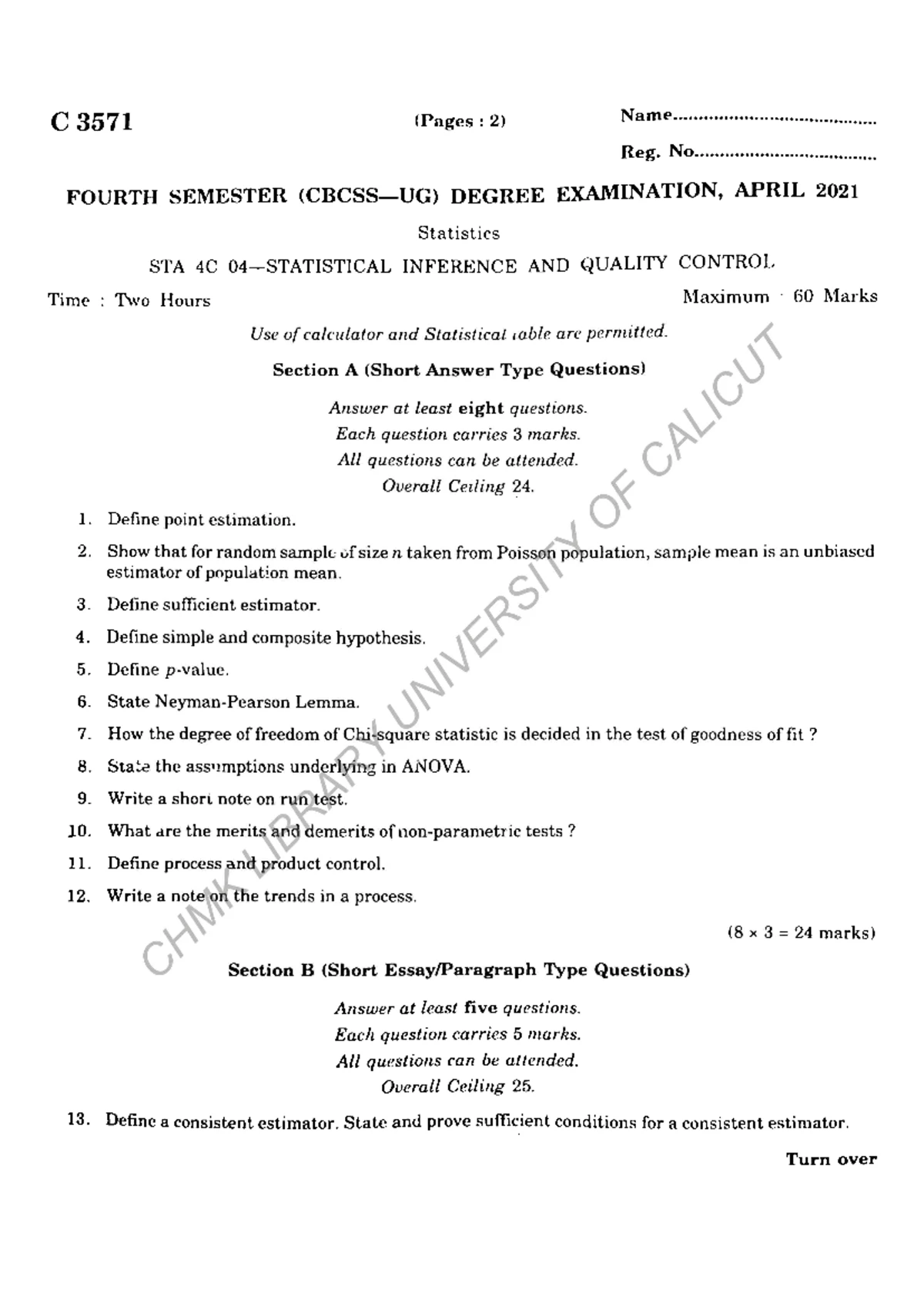 STA4C04 Statistical Inference & Quality Control - April 2023 Exam Paper ...