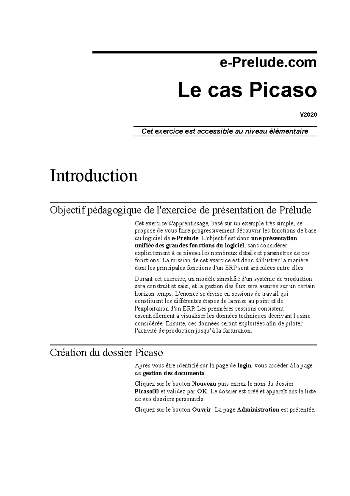 Cas Prélude : Introduction au Logiciel ERP avec Picaso (e-Prélude ...