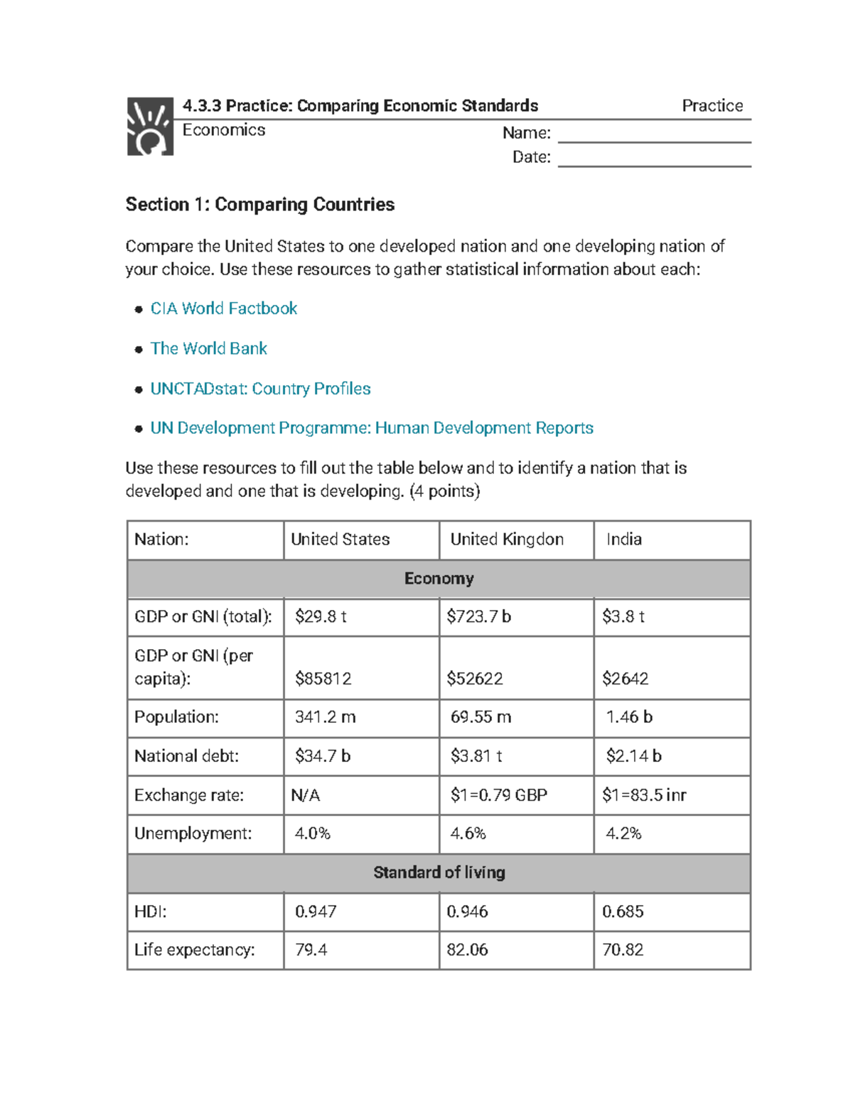 4.3.3 Practice: Comparing Economic Standards in Economics - Studocu