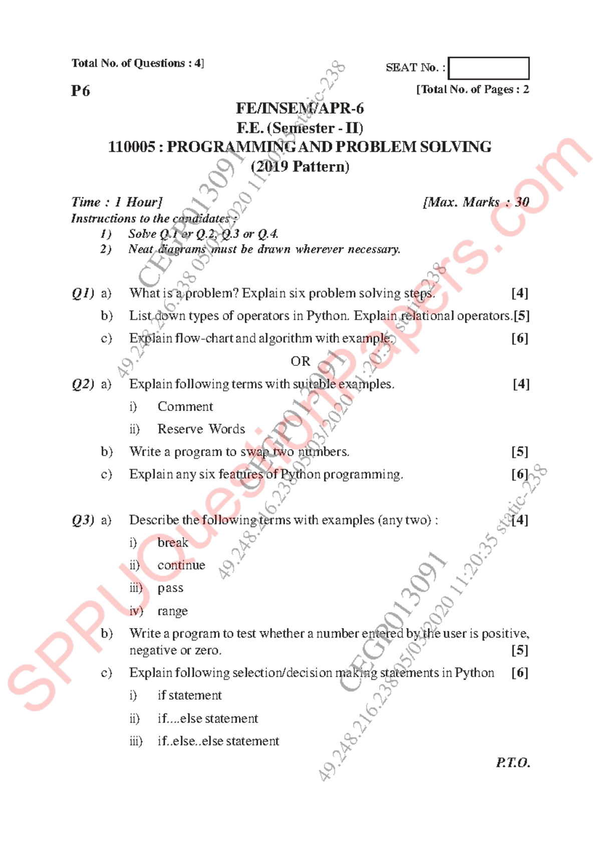 F.E. Semester II 2020 March Programming & Problem Solving Exam Notes ...