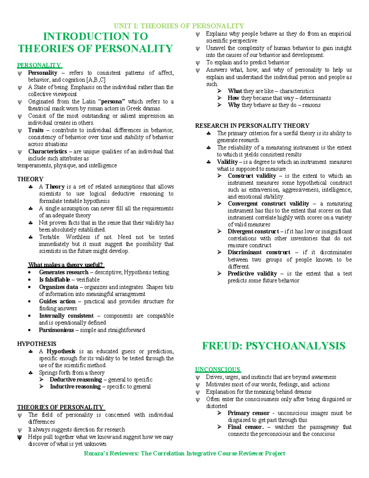PSY 101: UNIT I - THEORIES OF PERSONALITY OVERVIEW AND ANALYSIS - Studocu