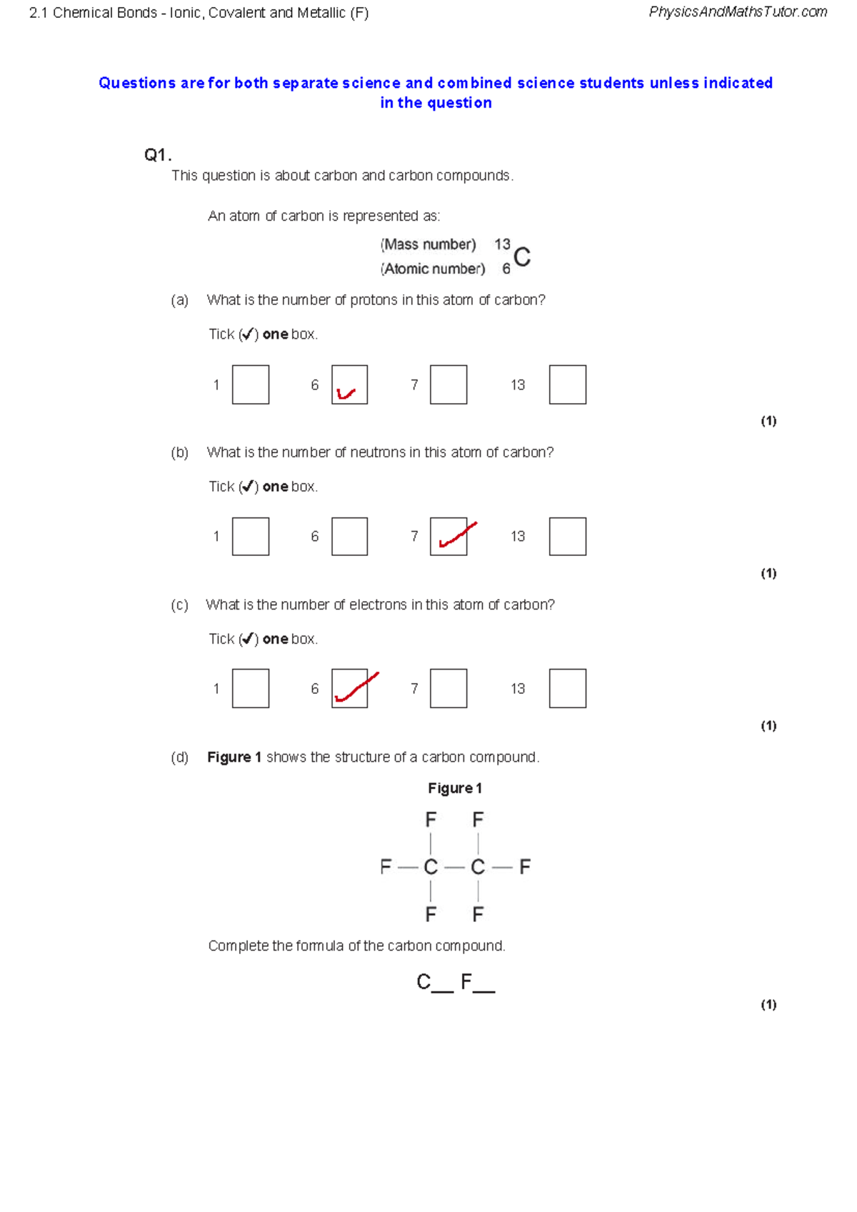 2.1 Chemical Bonds - Ionic, Covalent, and Metallic (F) Exam Questions ...