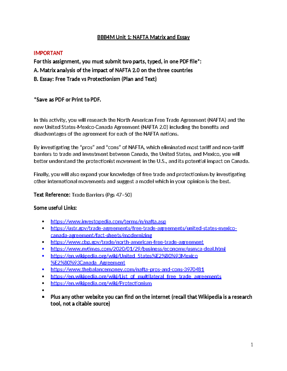 Unit 1: NAFTA 2.0 Matrix & Essay on Free Trade vs Protectionism - Studocu