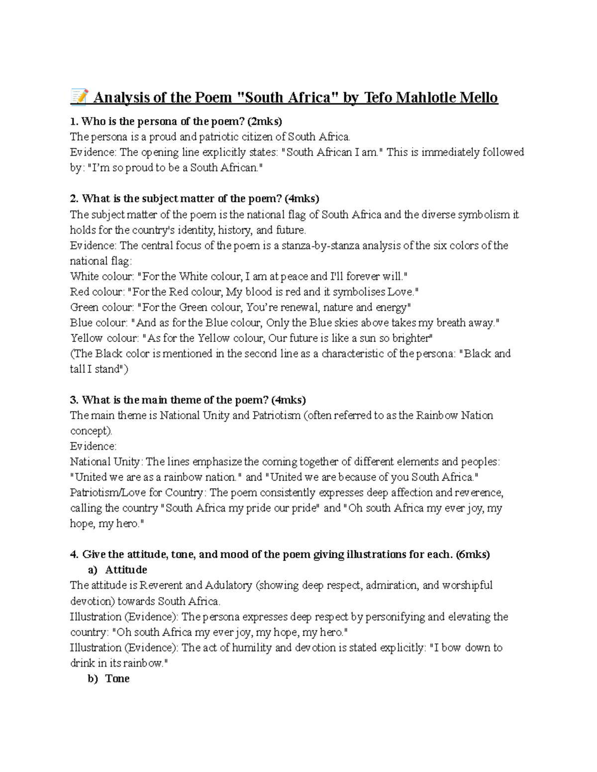 Analysis of the Poem - South Africa - by Tefo Mahlotle Mello - Studocu