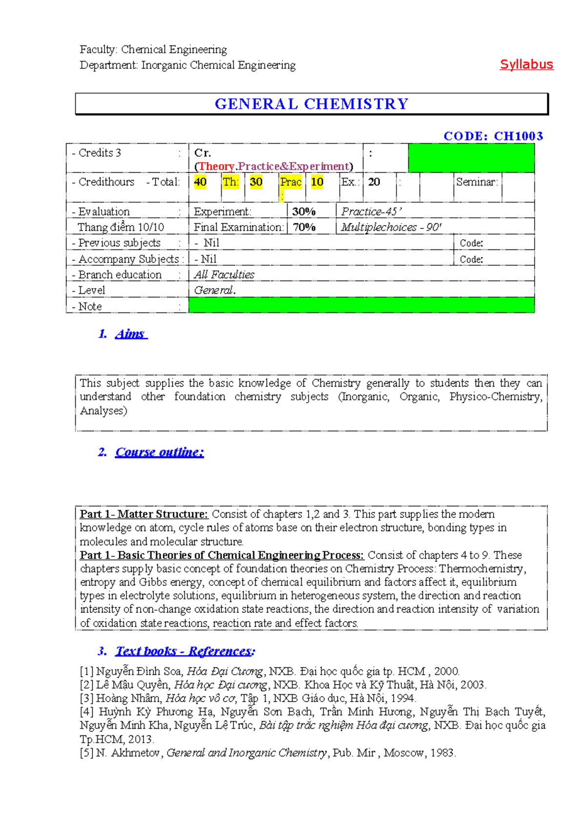 General Chemistry Syllabus CH1003: Inorganic Chemical Engineering - Studocu