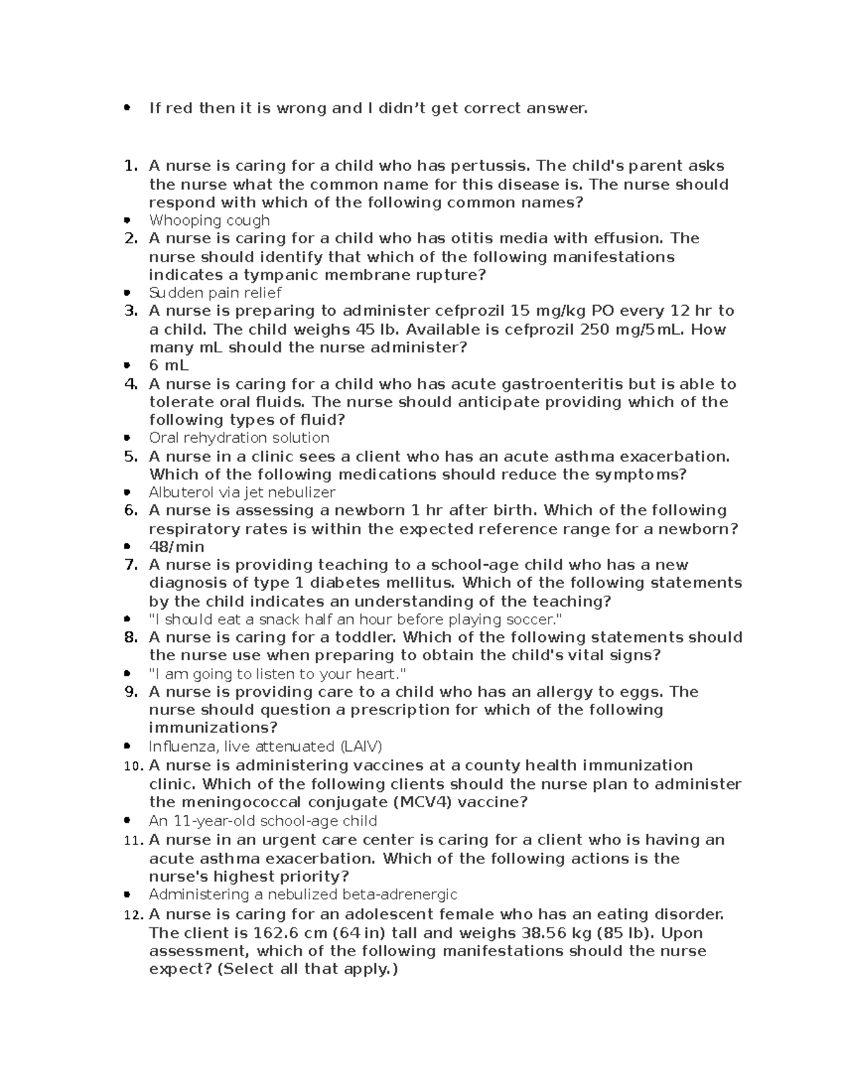 Custom Pediatric Level 2 Practice Assessment v A - If red then it is ...