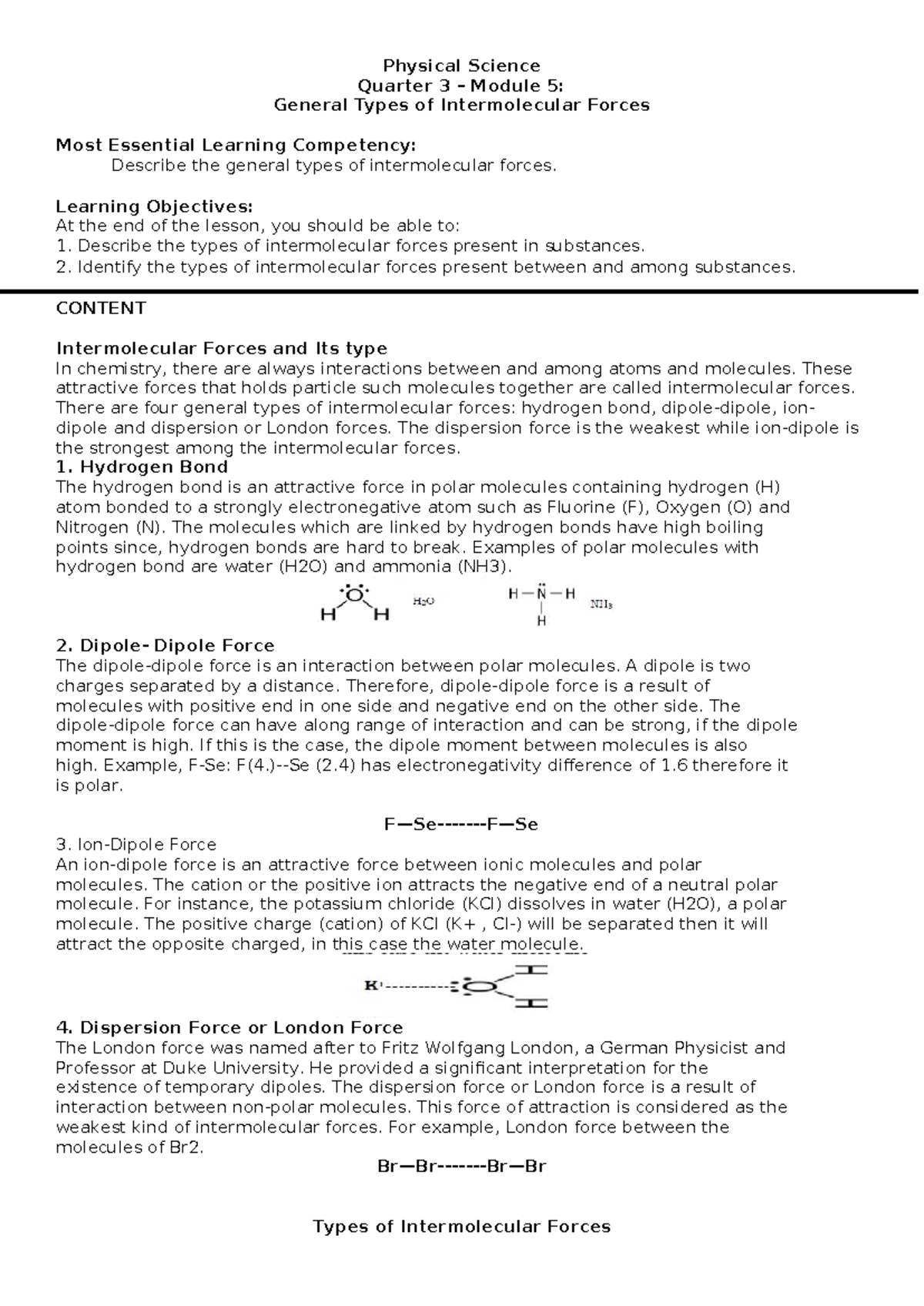 Q3 lesson 5 General Types of Intermolecular Forces - Physical Science ...