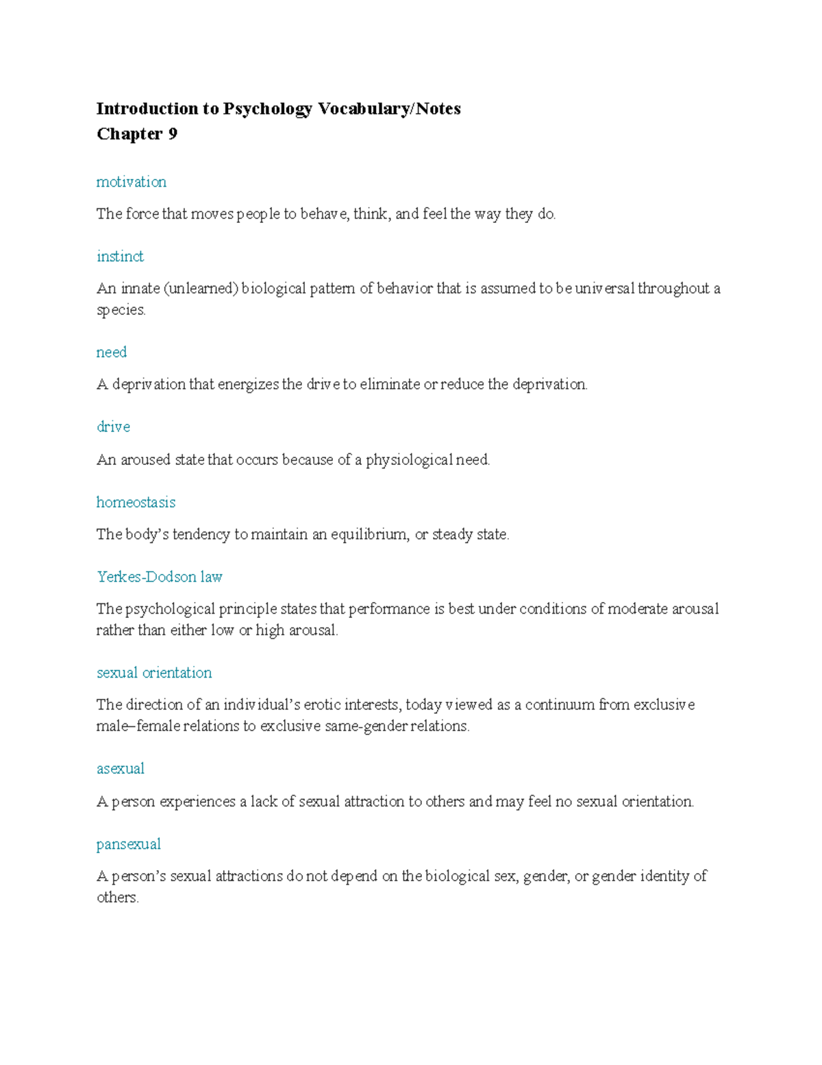 Introduction to Psychology Vocabulary Notes: Chapter 9 Motivation - Studocu