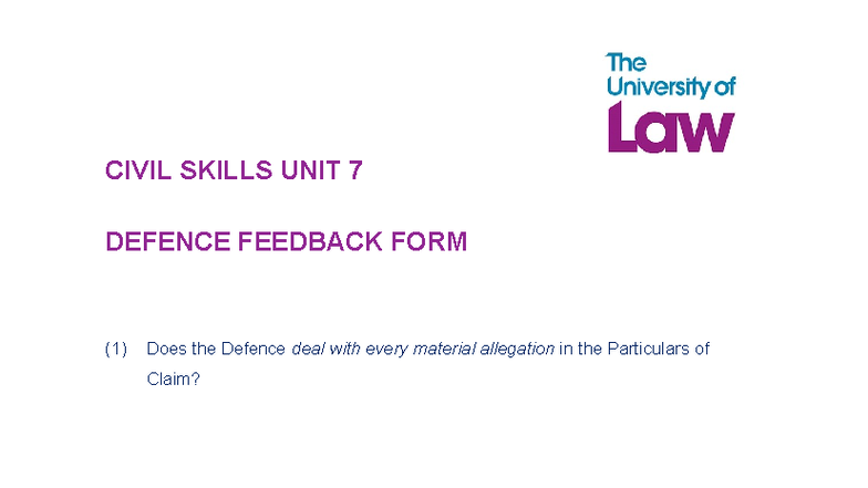 CIVIL SKILLS UNIT 7 DEFENCE FEEDBACK FORM CE01 Analysis - Studocu