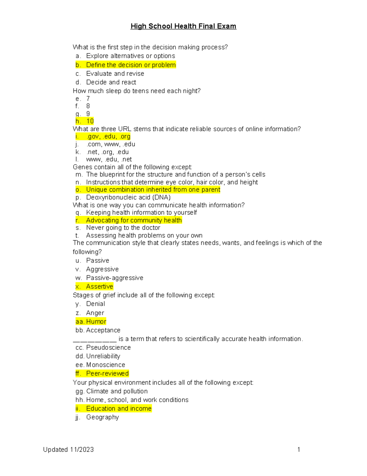 High School Health (HSH 101) Final Exam Study Guide - Studocu