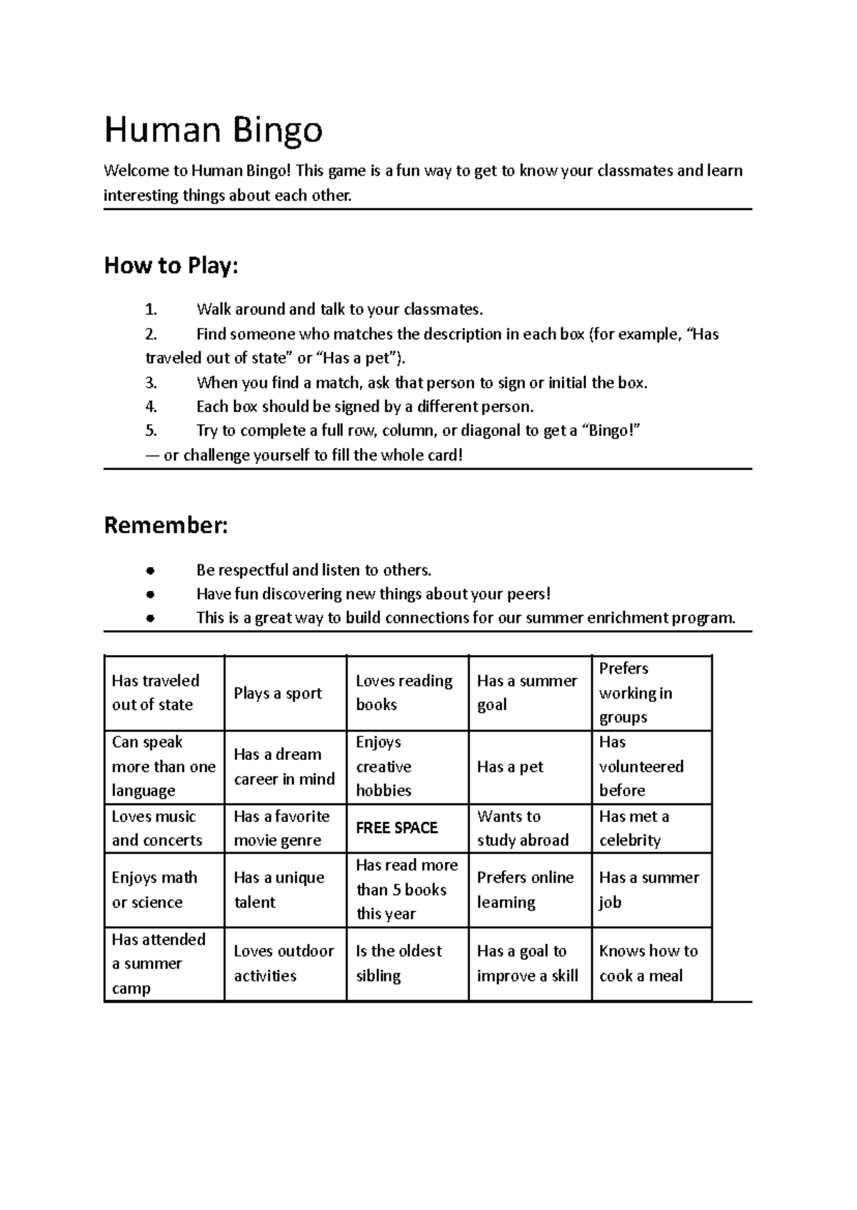 Human Bingo Icebreaker Activity for Summer Enrichment Program - Studocu