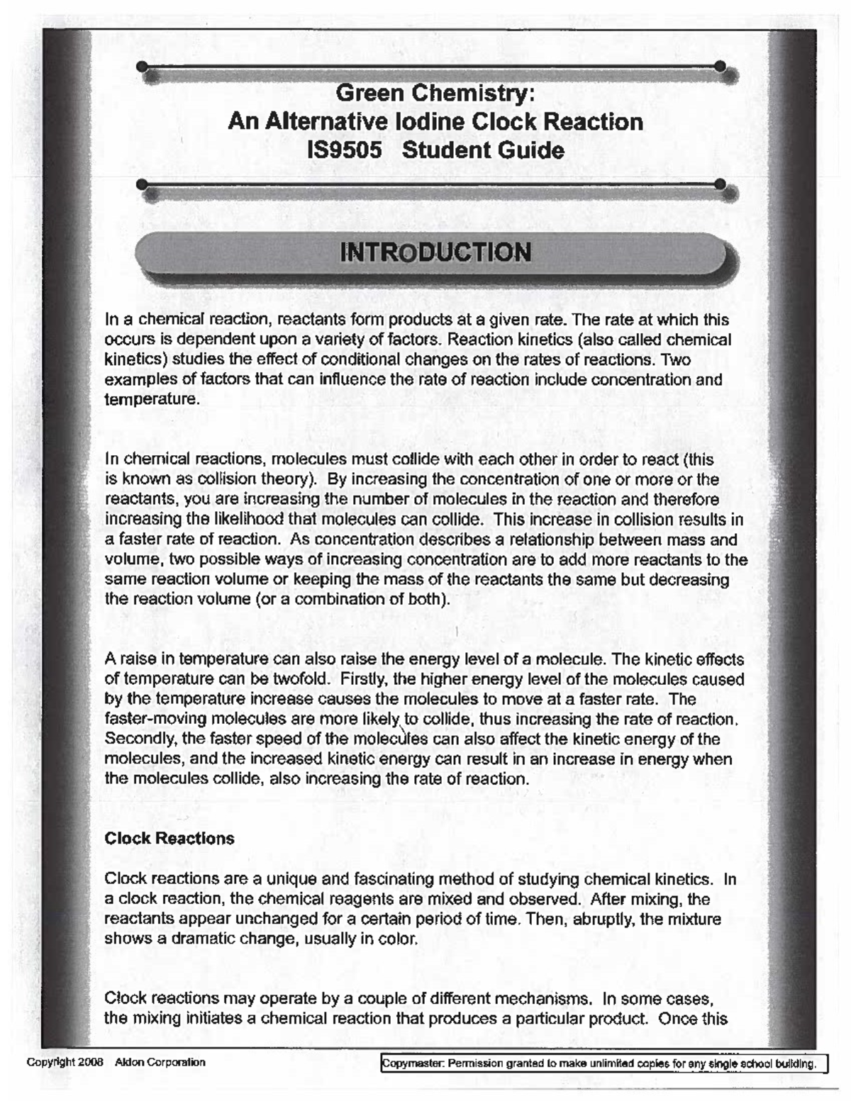 IS9505 Green Chemistry: Iodine Clock Reaction Lab Manual - Studocu