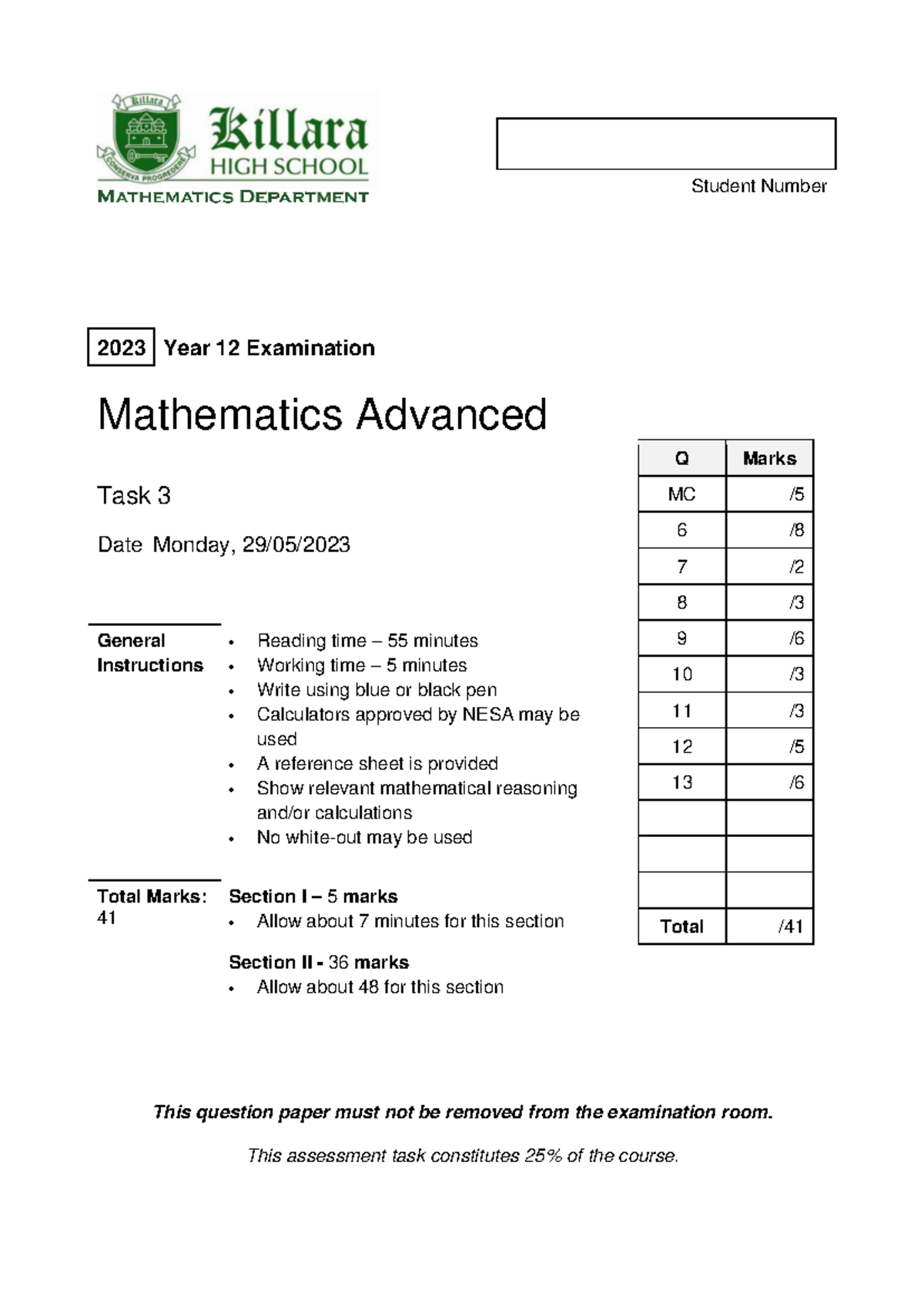 Killara 2023 Year 12 Mathematics Advanced CT3 Exam Solutions - Studocu