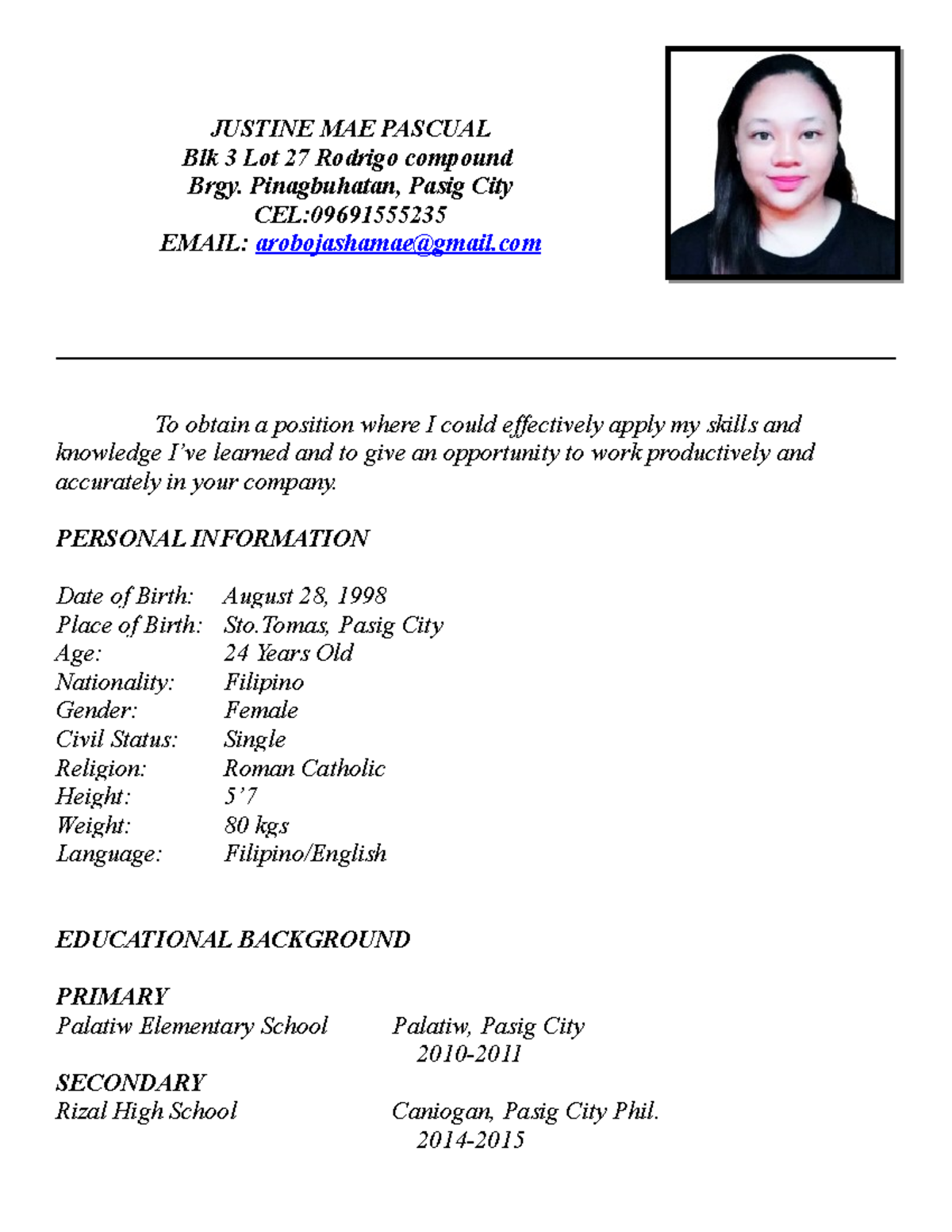 Justine Mae Pascual Resume - JUSTINE MAE PASCUAL Blk 3 Lot 27 Rodrigo ...