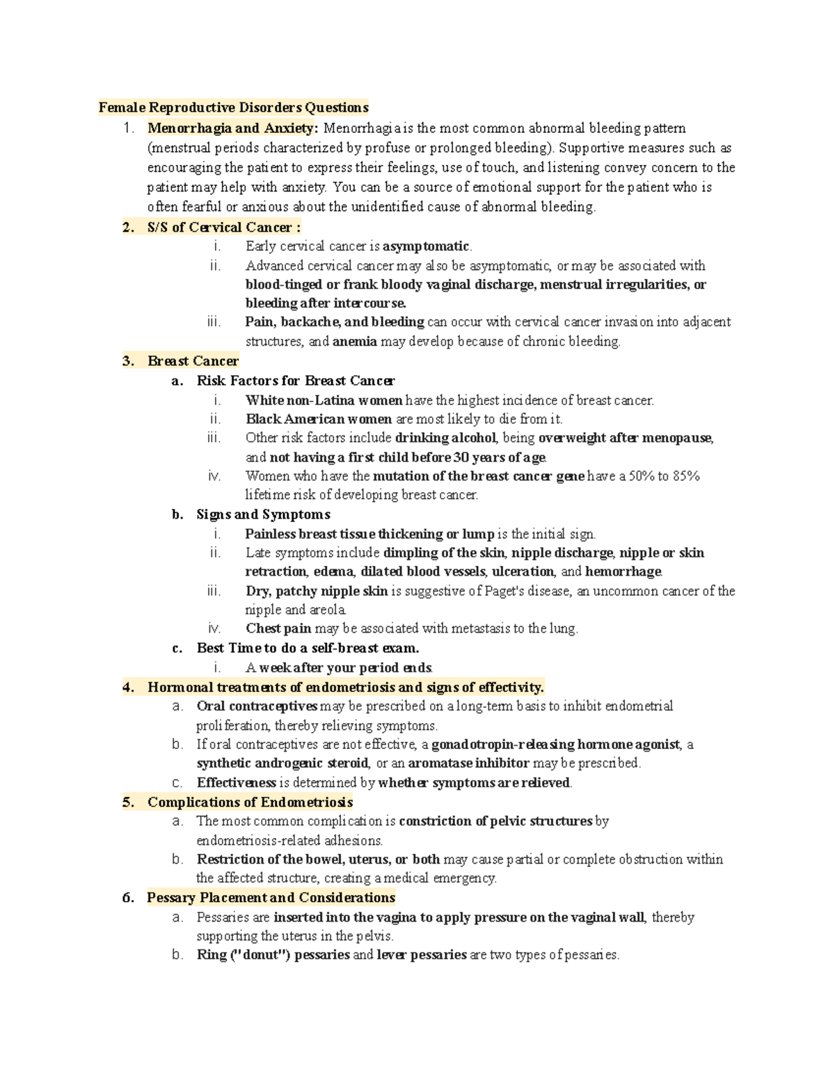 Female Reproductive Disorders: Key Questions and Summary Insights - Studocu