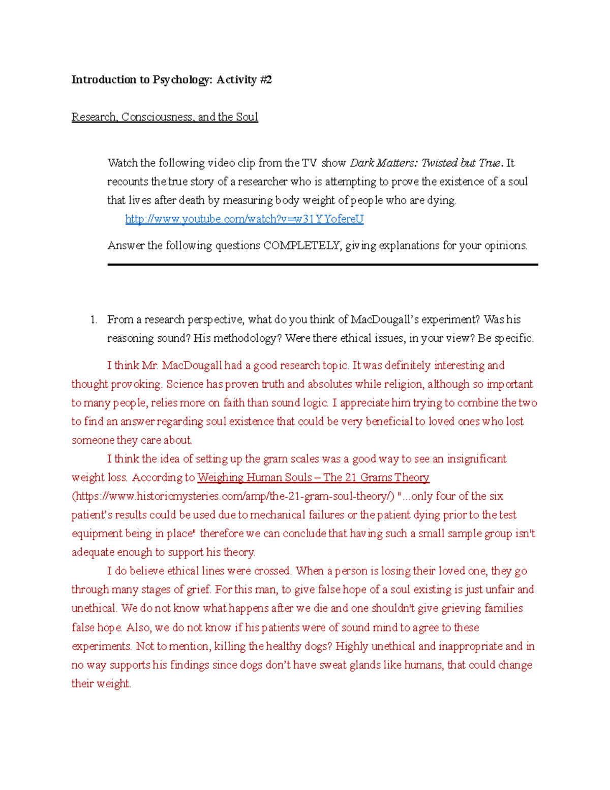 Introduction to Psychology Activity #2: Exploring MacDougall's ...