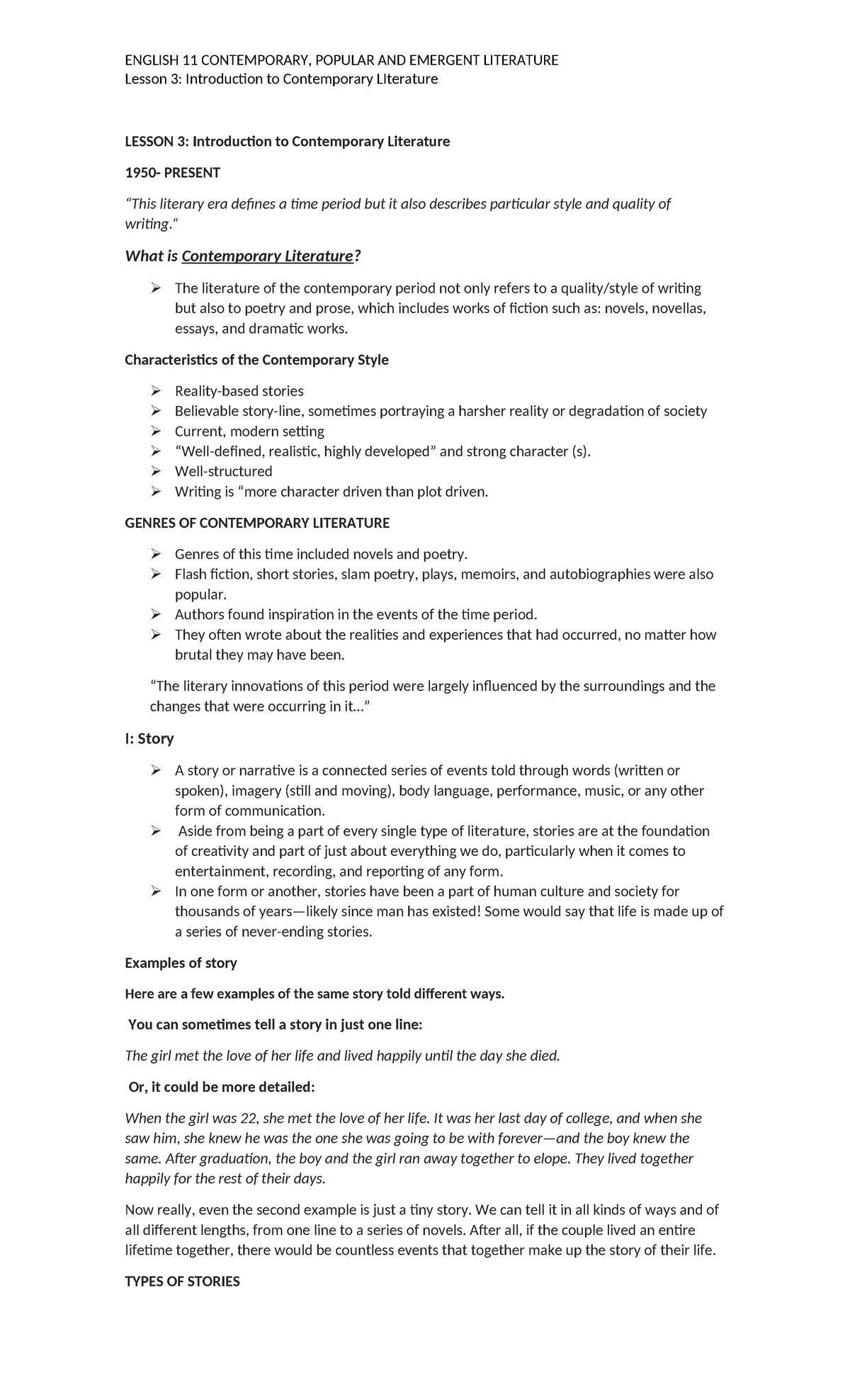 ENGLISH 11: Lesson 3 - Introduction to Contemporary Literature - Studocu