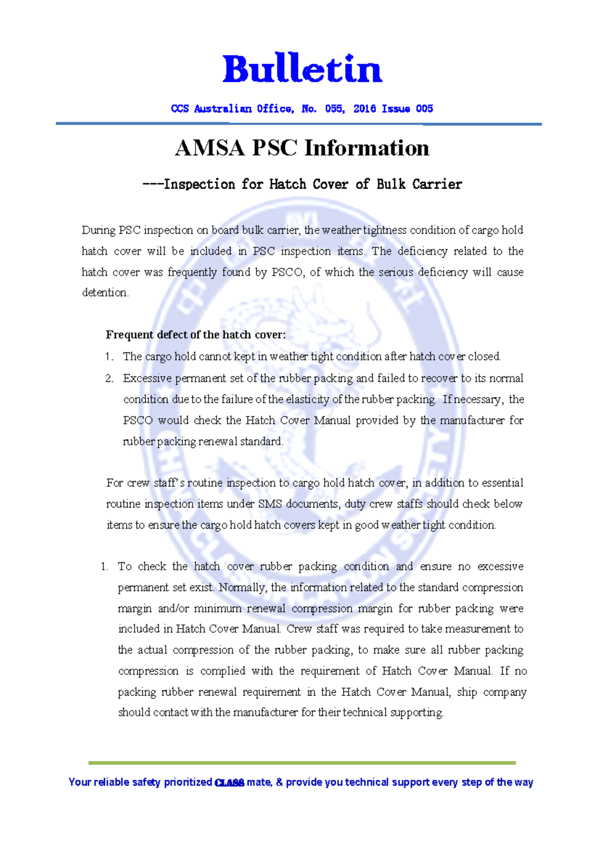 Bulletin CCS AMSA PSC Info: Bulk Carrier Hatch Cover Inspection - Studocu