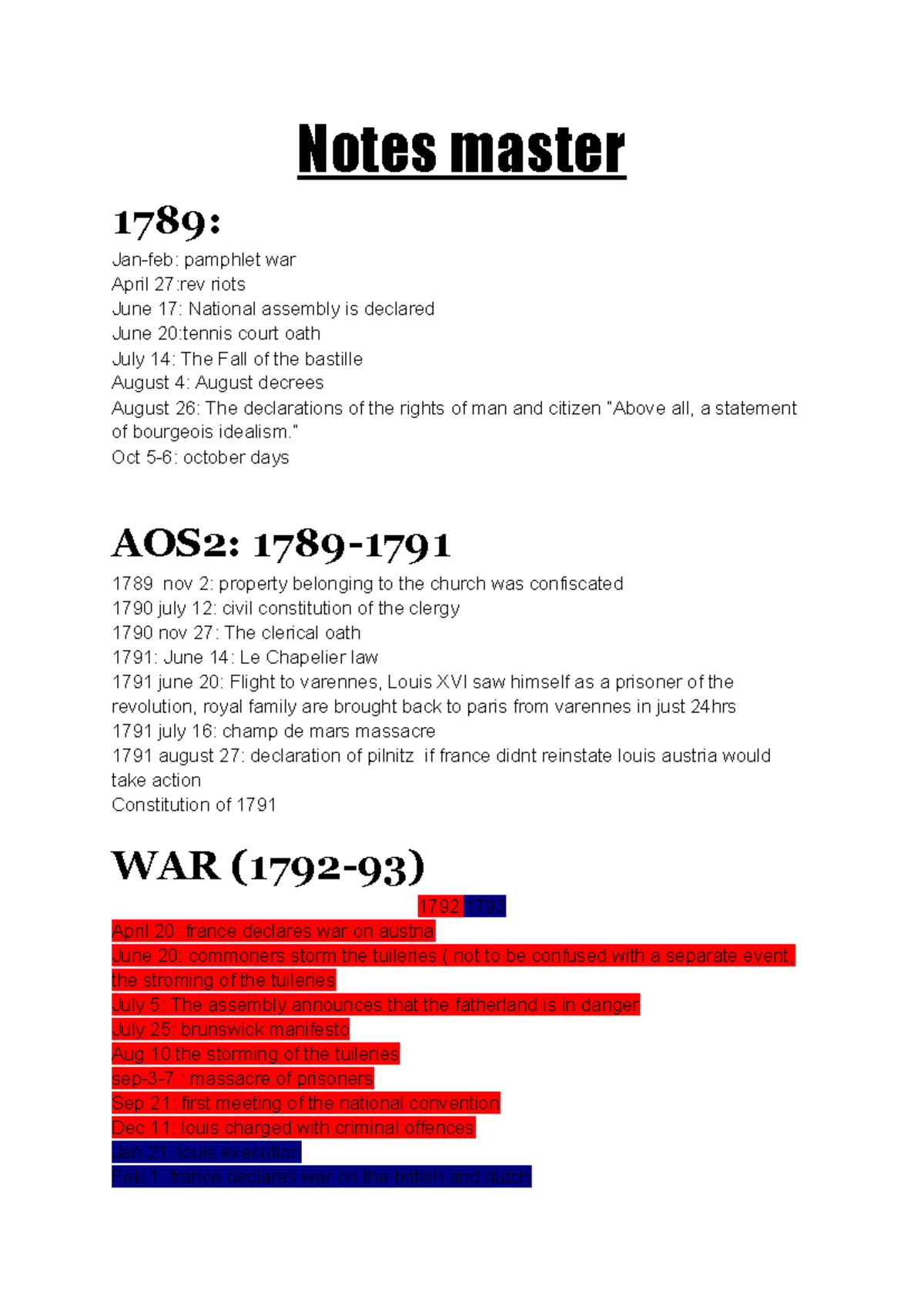 AOS2: Timeline of Key Events in the French Revolution (1789-1793) - Studocu