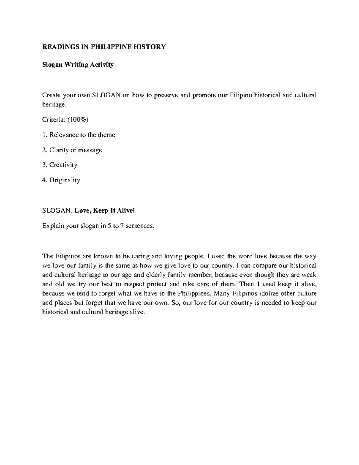 Slogan Writing Activity - READINGS IN PHILIPPINE HISTORY Slogan Writing ...