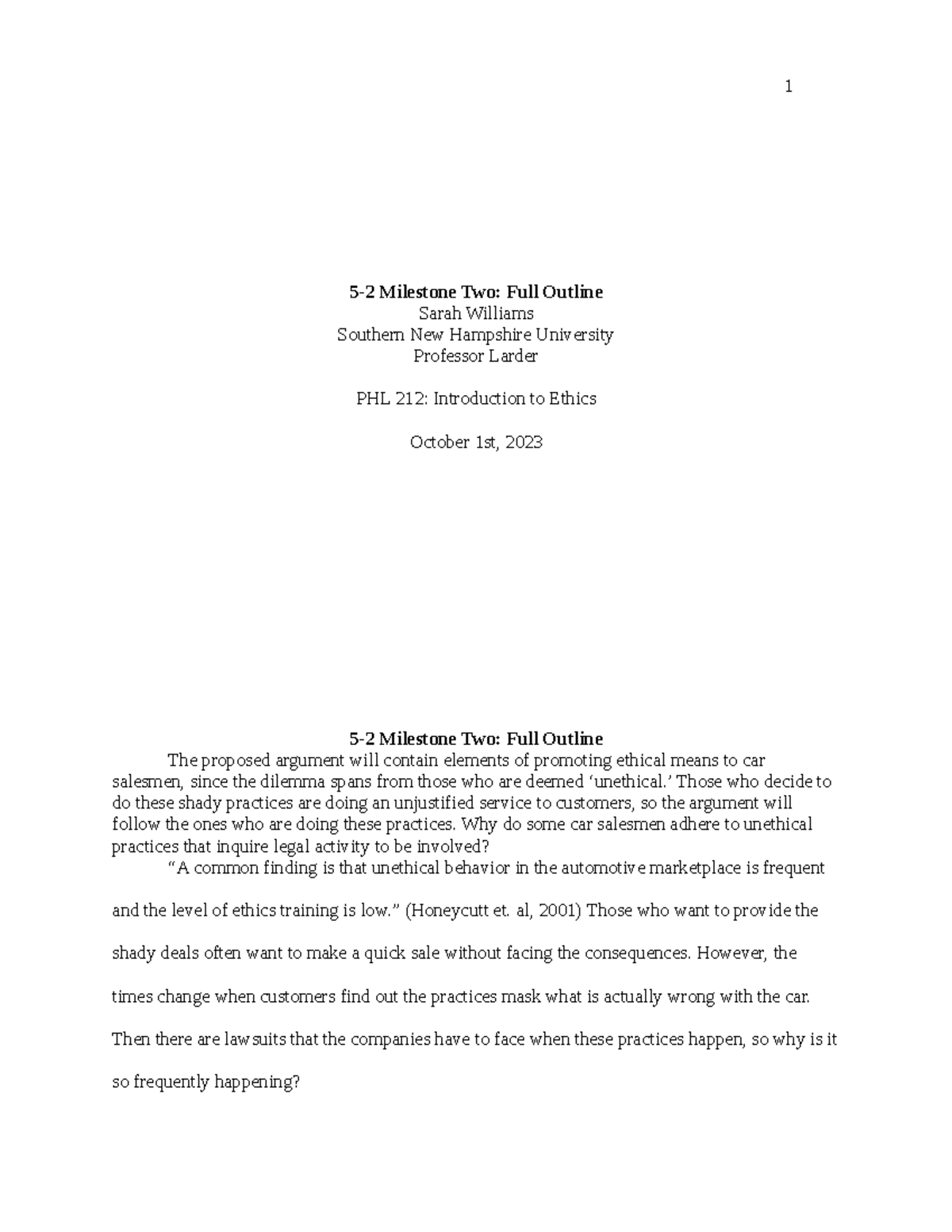 PHL 212: 5-2 Milestone Two Outline on Ethics in Car Sales - Studocu