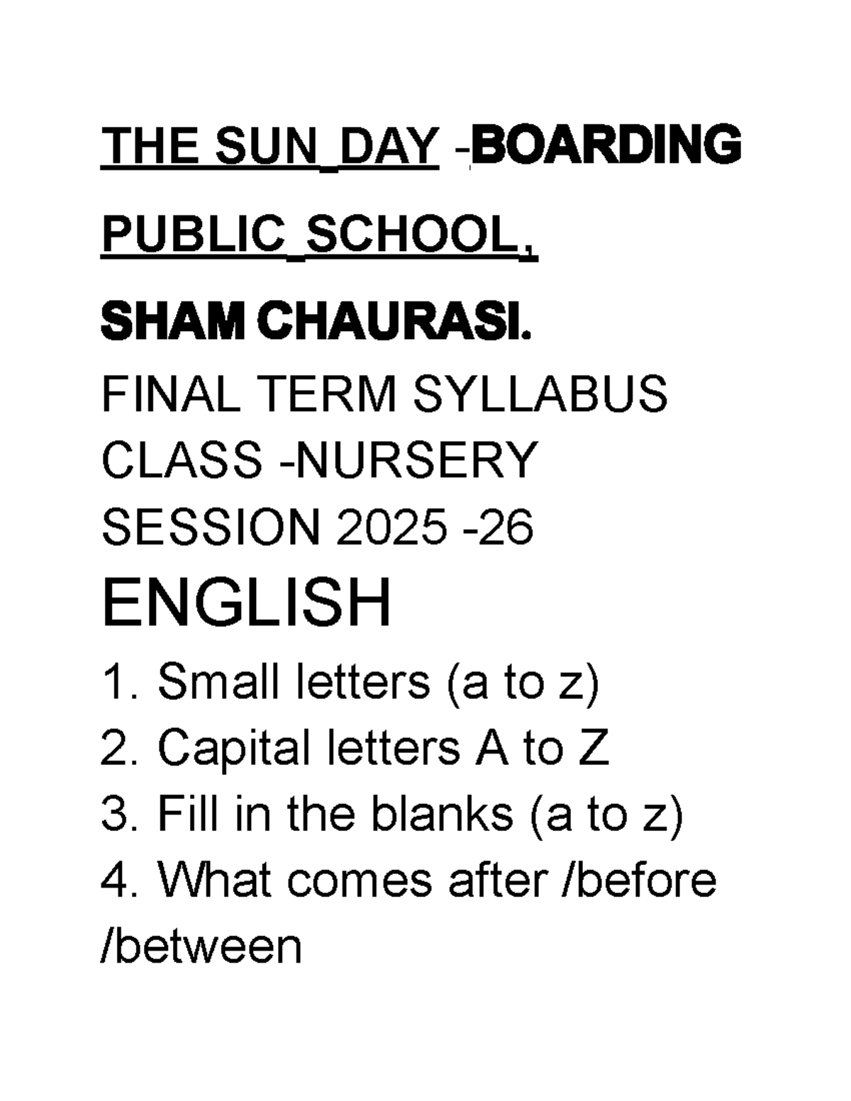 BOARDING THE SUN DAY PUBLIC SCHOOL, CHAURASI FINAL TERM SYLLABUS 2025 ...