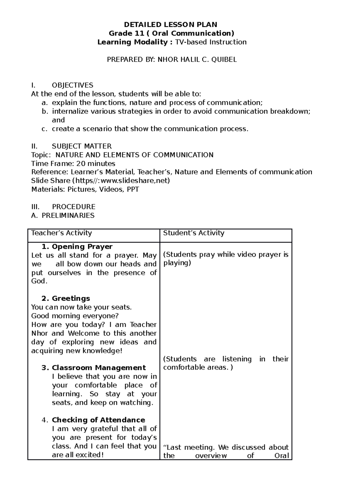 Lessson Plan ( Nature and Elements of Communication) - DETAILED LESSON ...