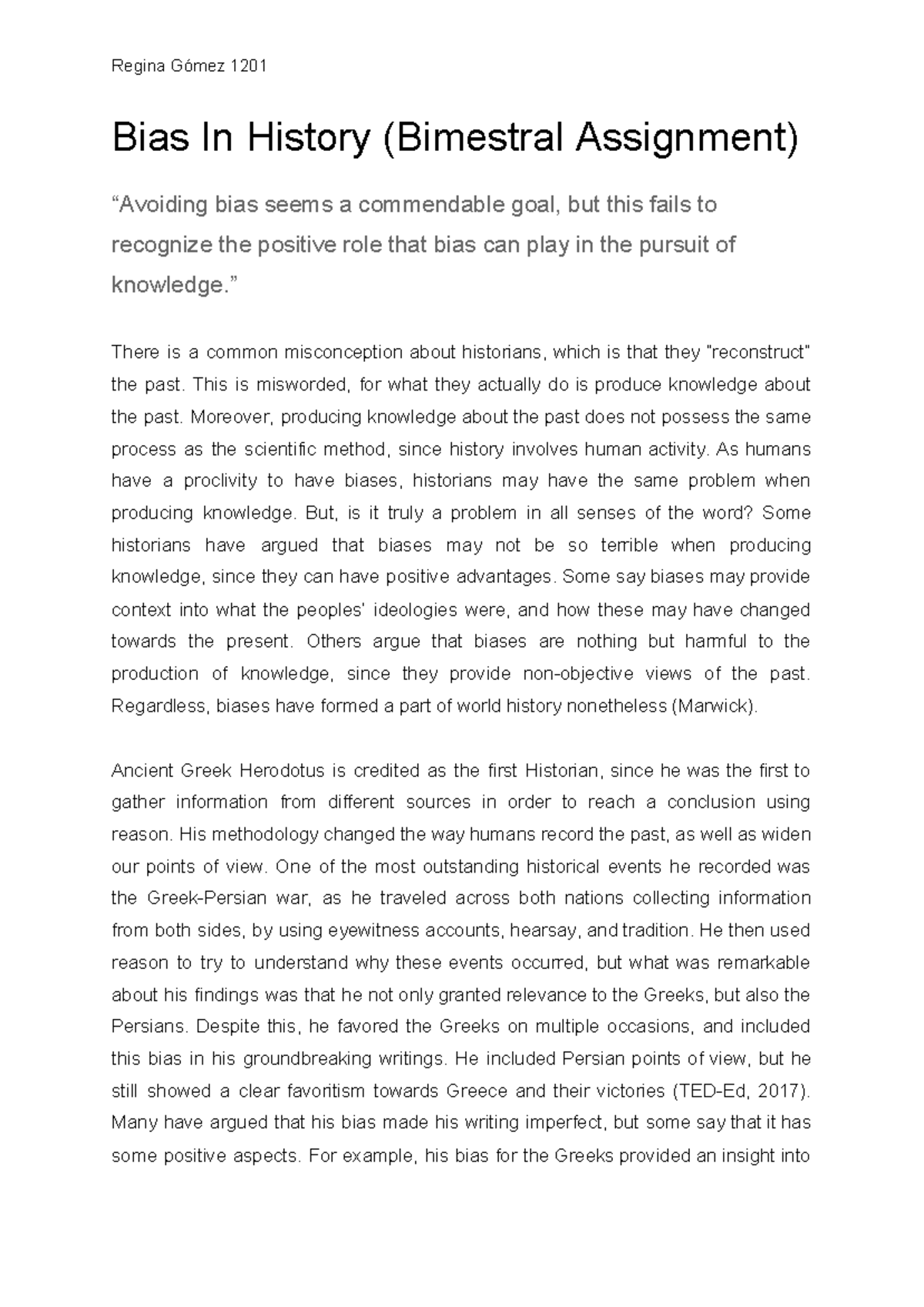 Bias in History: 1201 Bimestral Assignment Analysis - Studocu