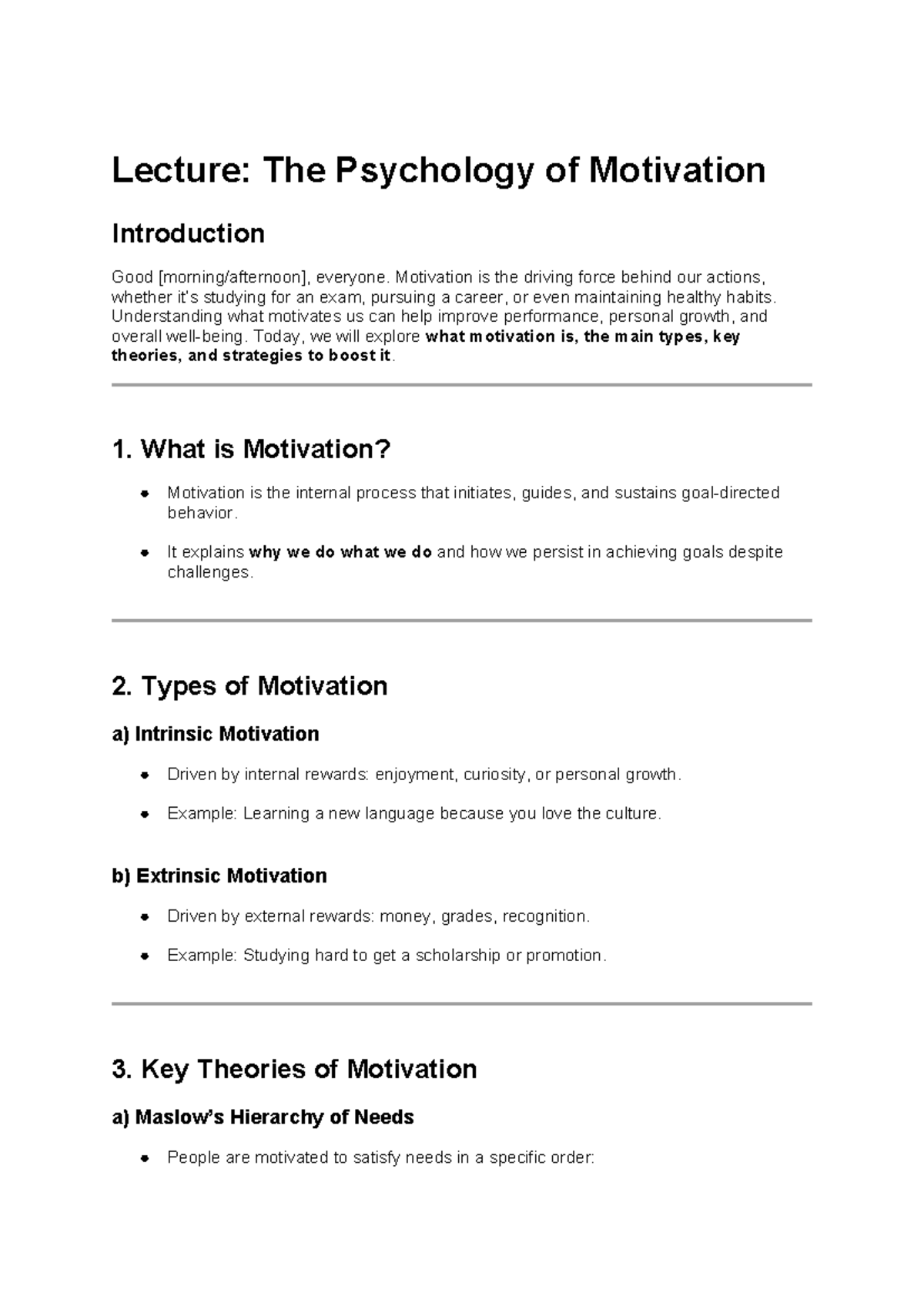 Lecture: The Psychology of Motivation - Key Theories & Strategies - Studocu