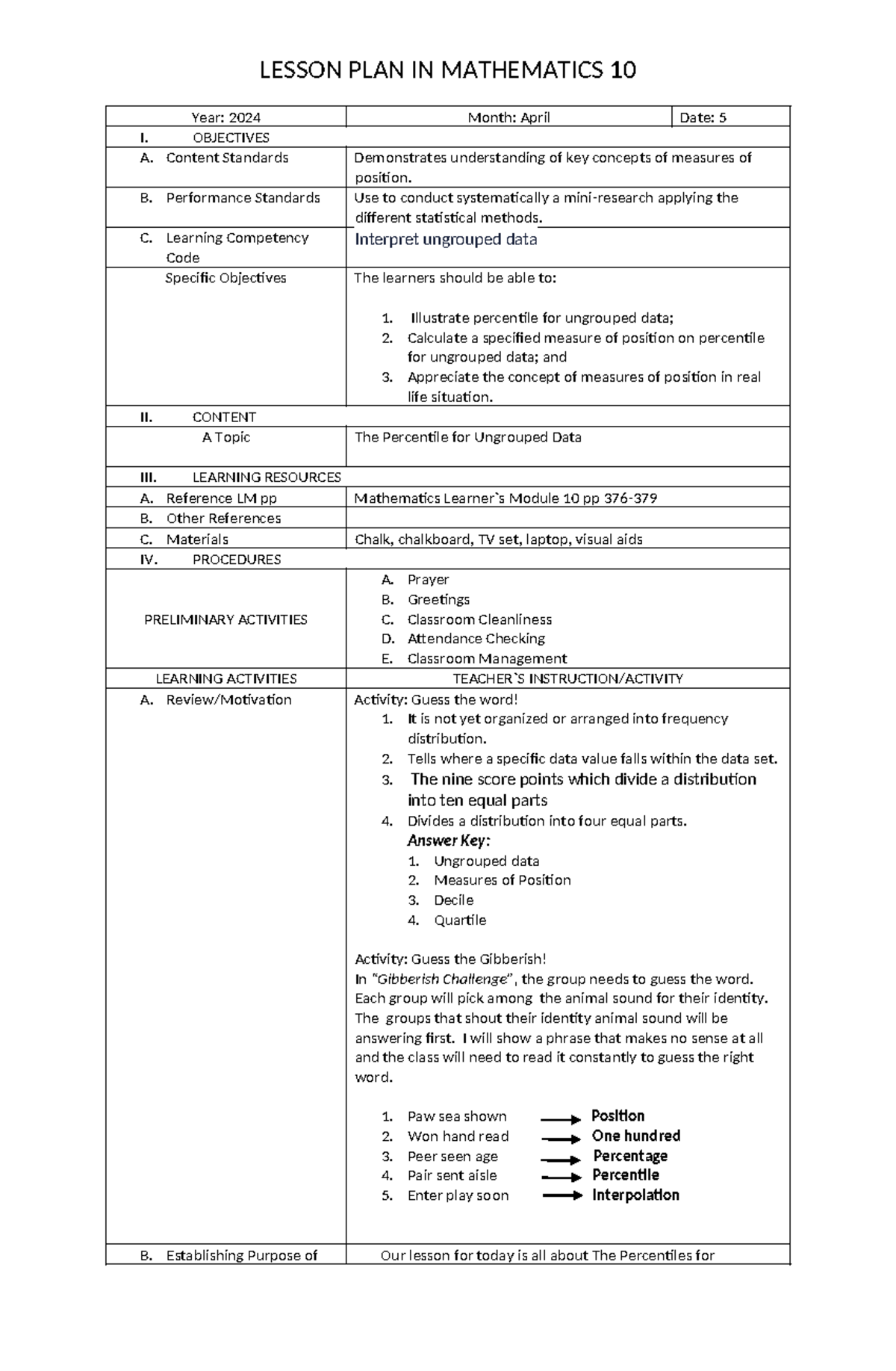 LESSON PLAN IN MATHEMATICS 10: Understanding Percentiles for Ungrouped Data - Studocu