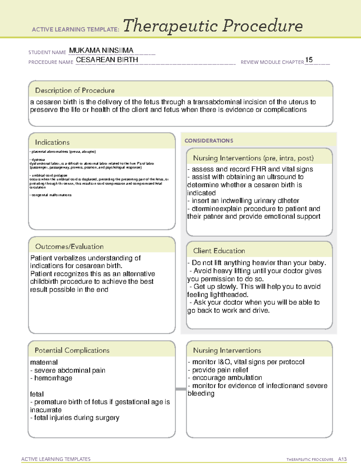 Cesarean Birth Procedure ATI Learning Template and Nursing ...