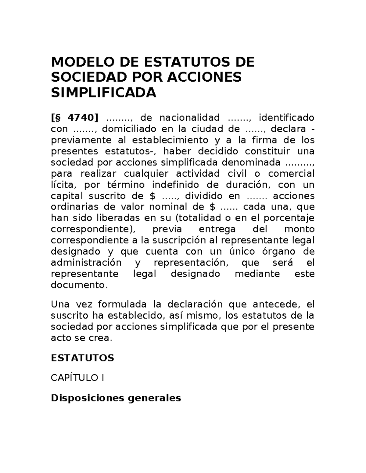 Modelo de Estatutos para Sociedad por Acciones Simplificada (SAS) - Studocu