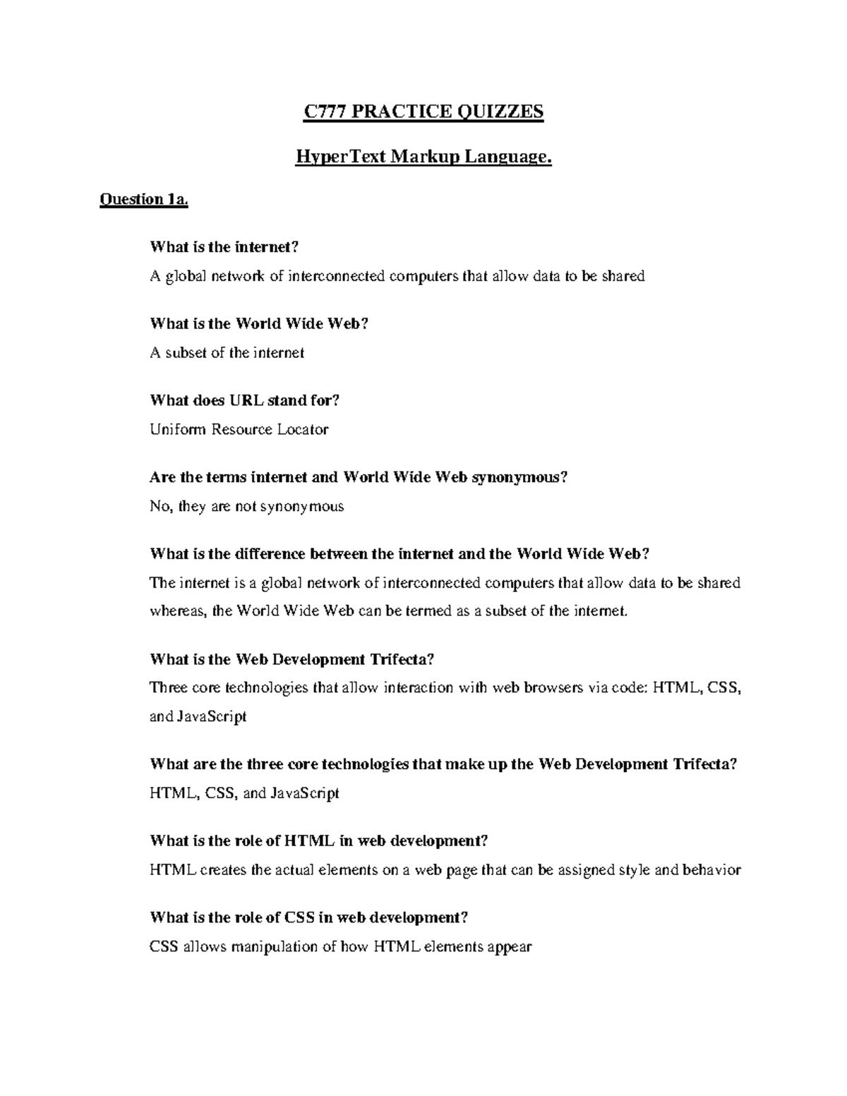 PRACTICE QUIZZES: HTML Fundamentals and Web Development Concepts - Studocu