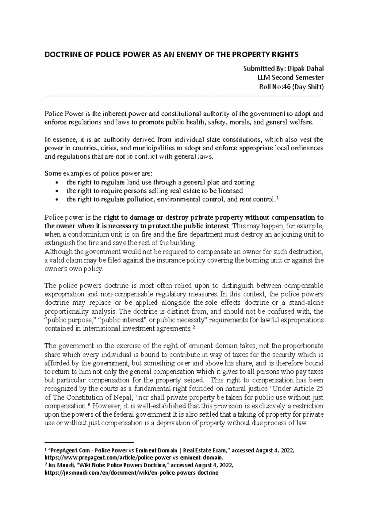 Doctrine of Police Power and Its Impact on Property Rights - LLM - Studocu