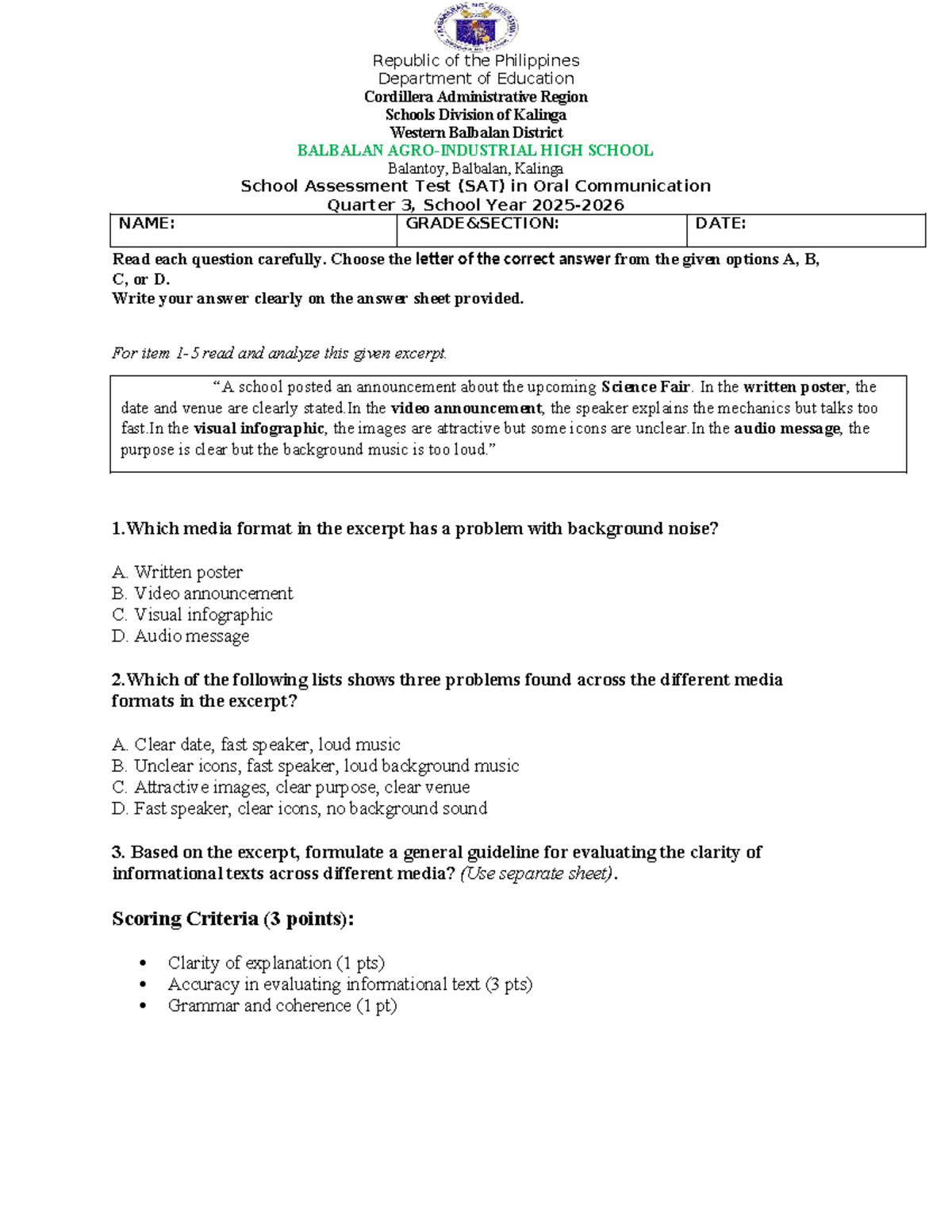 3rd Quarter School Assessment Test (SAT) in Oral Communication - Studocu
