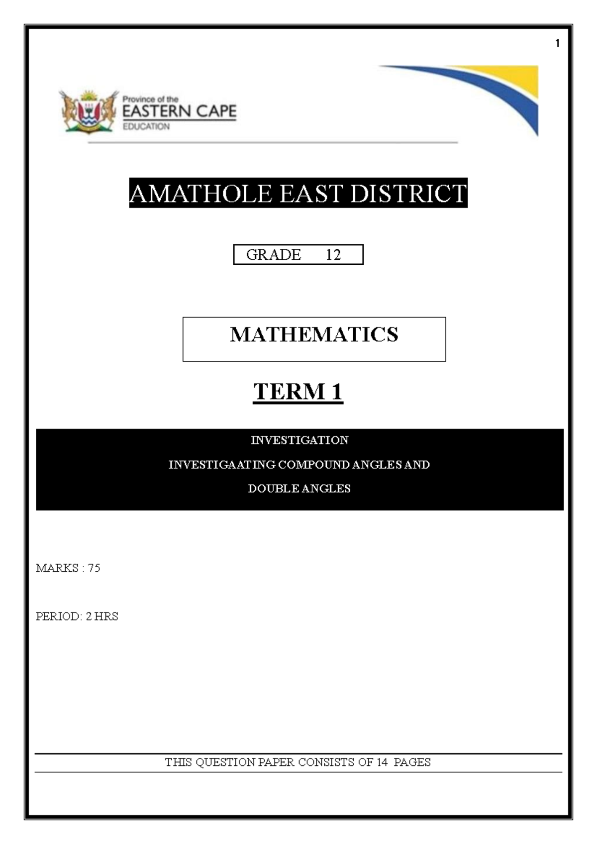 Amathole East District GR 12 Term 1 Math Investigation Paper 2025 - Studocu