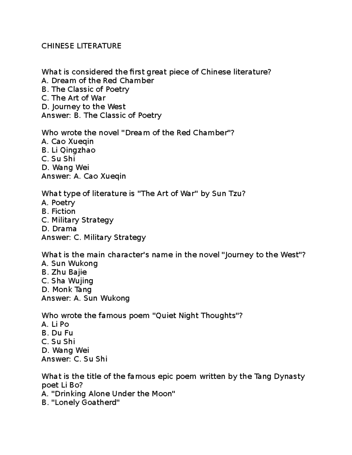 Chinese Literature - QUIZ - CHINESE LITERATURE What is considered the ...