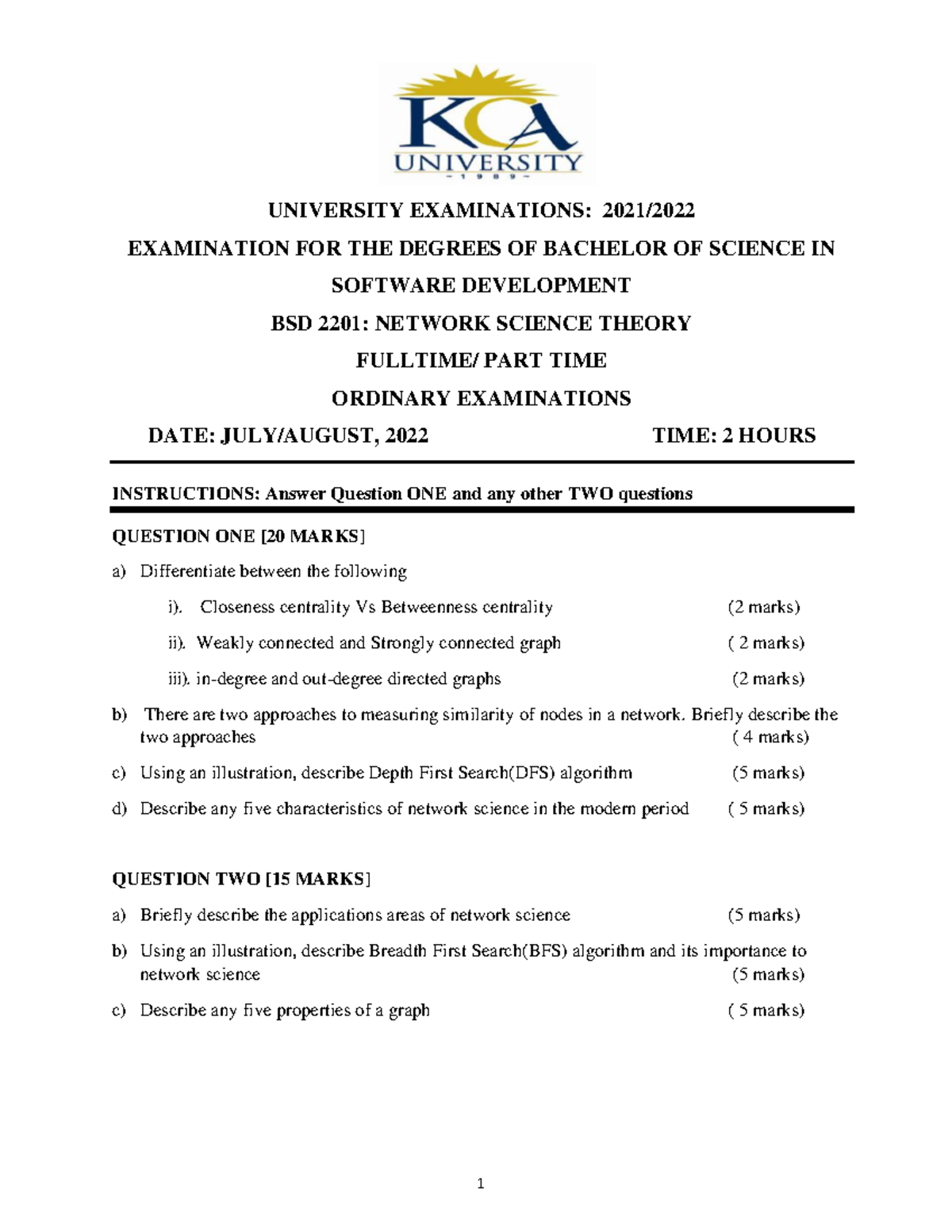 NST BSD 2201 - Network Science Theory Past Paper Exam (AUG 2022) - Studocu