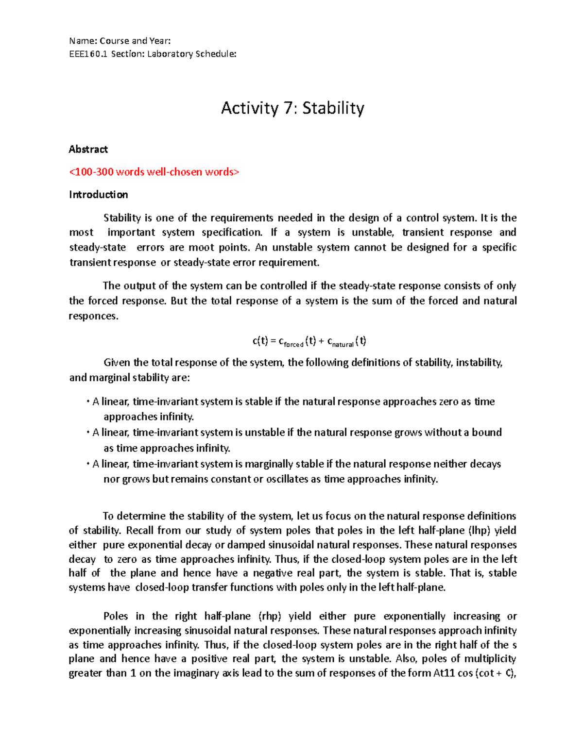 Activity 7: Stability Analysis and Routh Table Method DEE - Studocu