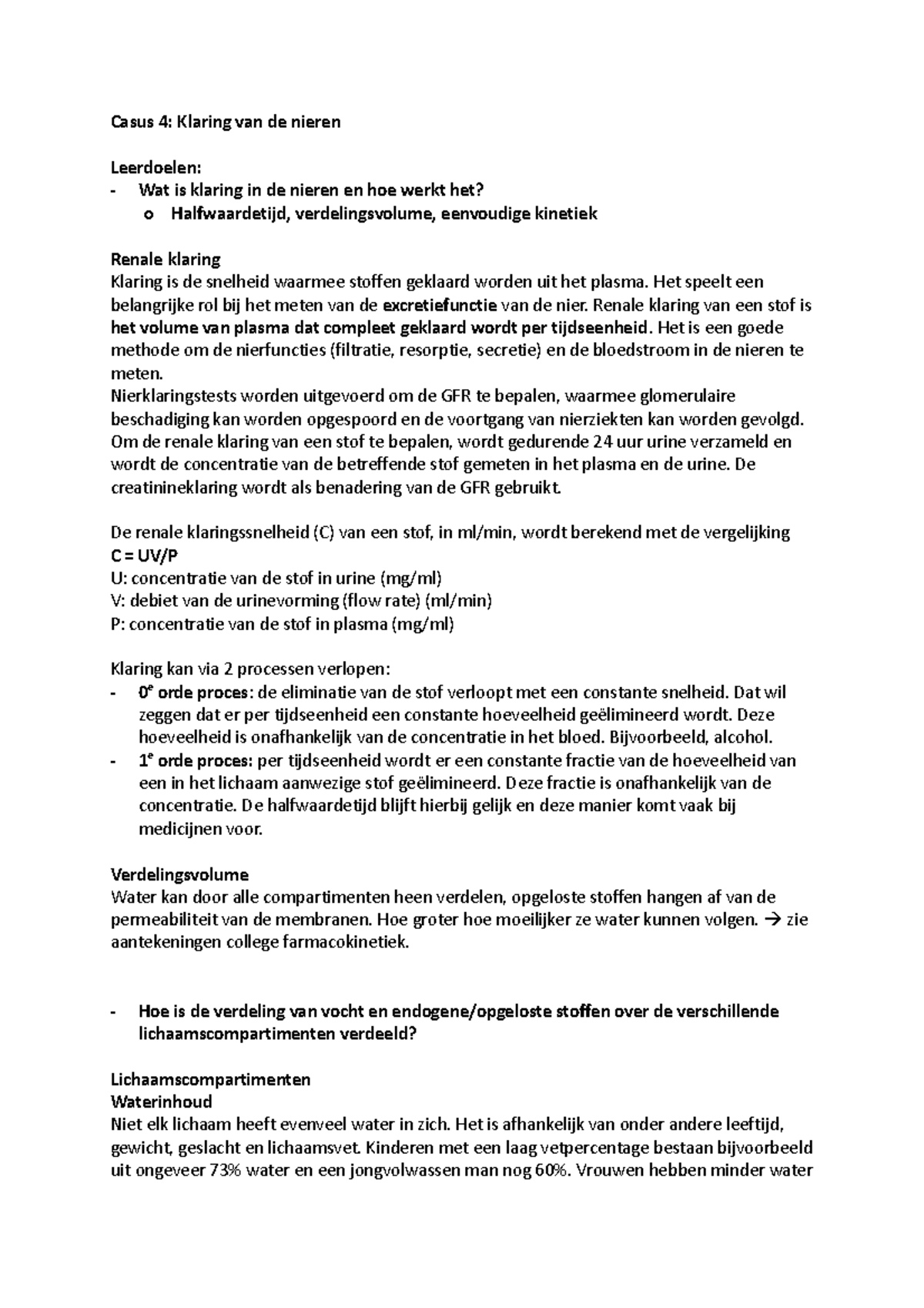 Casus 4 - Renale Klaring en Filtratie in Nierfuncties - Studeersnel