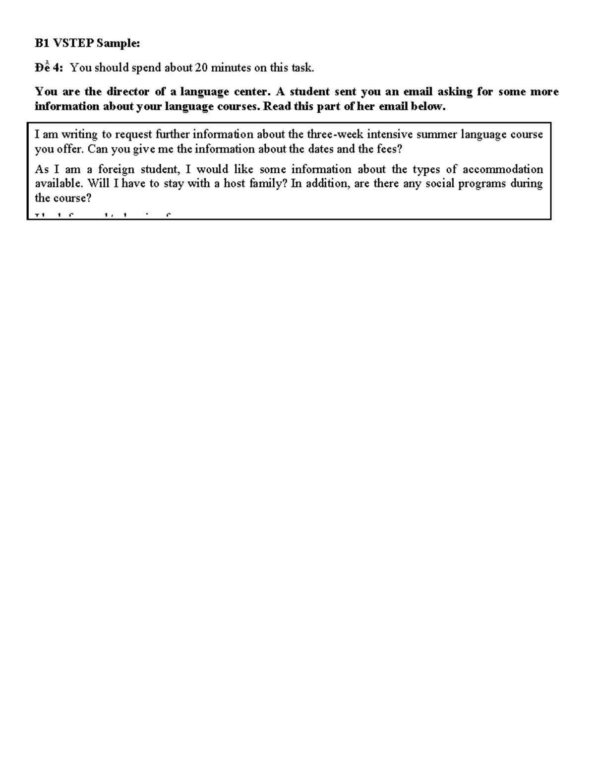 B1 VSTEP Writing Task 1: Sample Email Response to Student Inquiry - Studocu