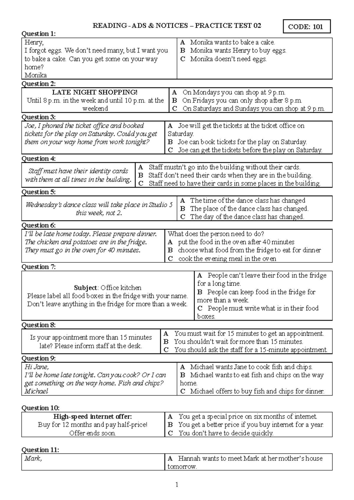 Reading Ads - KET - Practice Test 02 - CODE 101 - Studocu