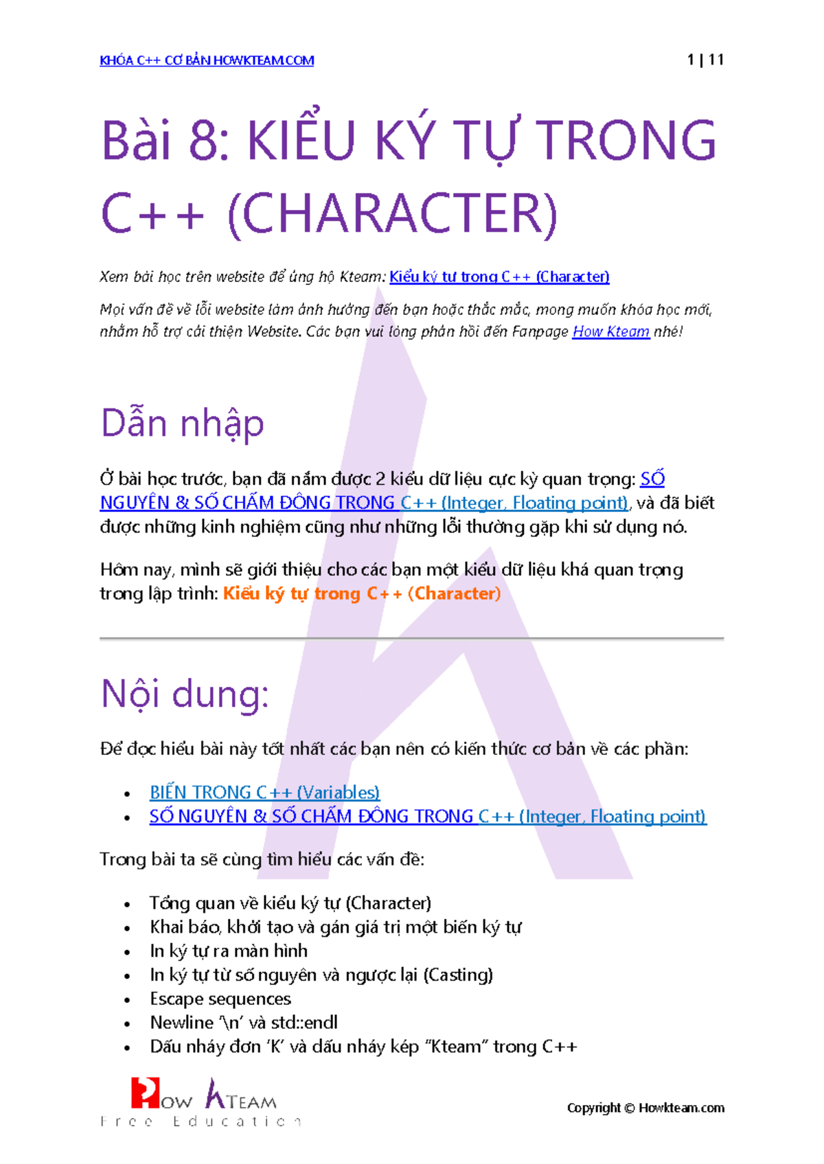 Bài 8 Kiểu ký tự trong C++ (Character) Howkteam - Bài 8 : KIỂU KÝ TỰ ...