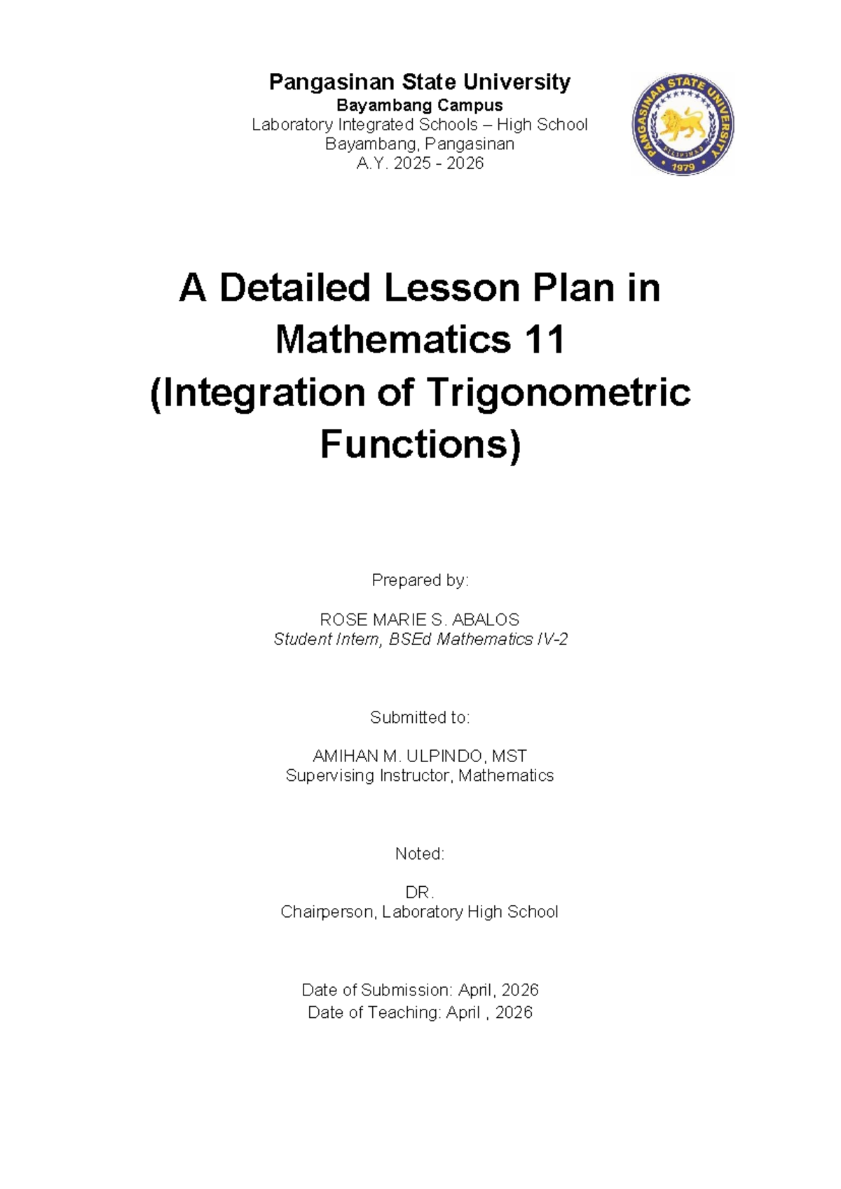 Detailed Lesson Plan in Math 11: Integration of Trigonometric Functions ...